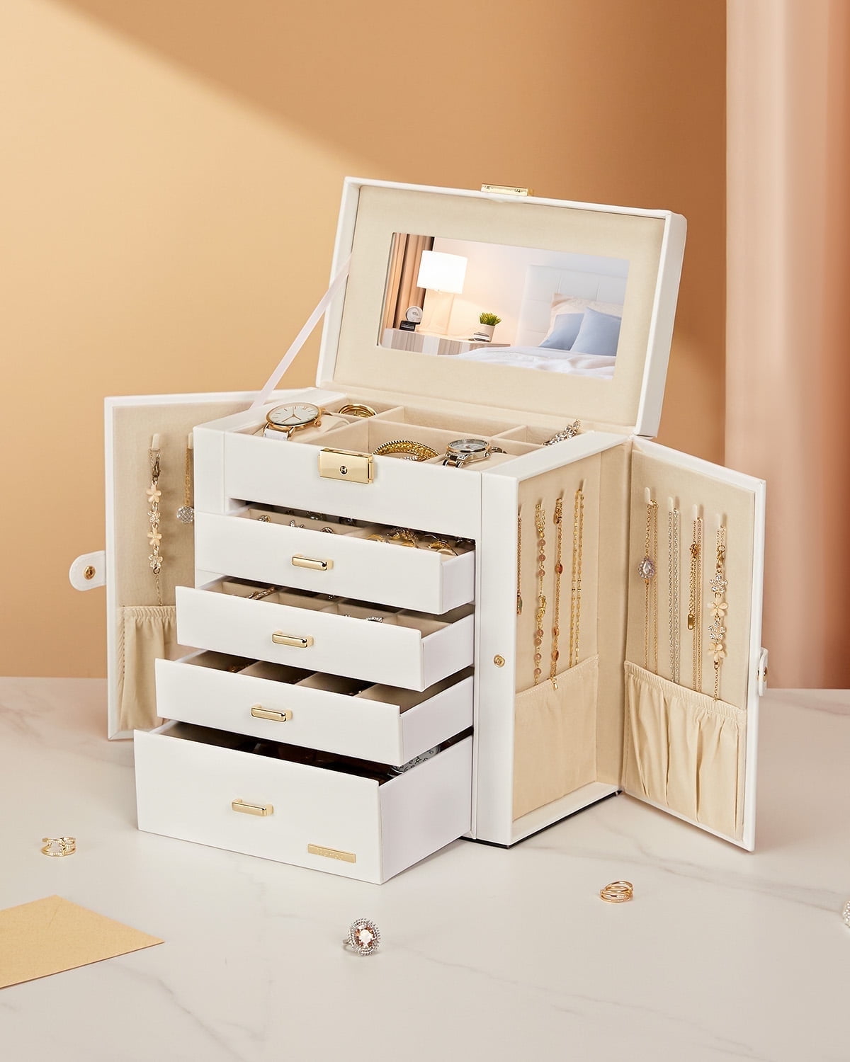 VigorPro Huge Jewelry Box with Mirror, Lockable Synthetic Leather ...