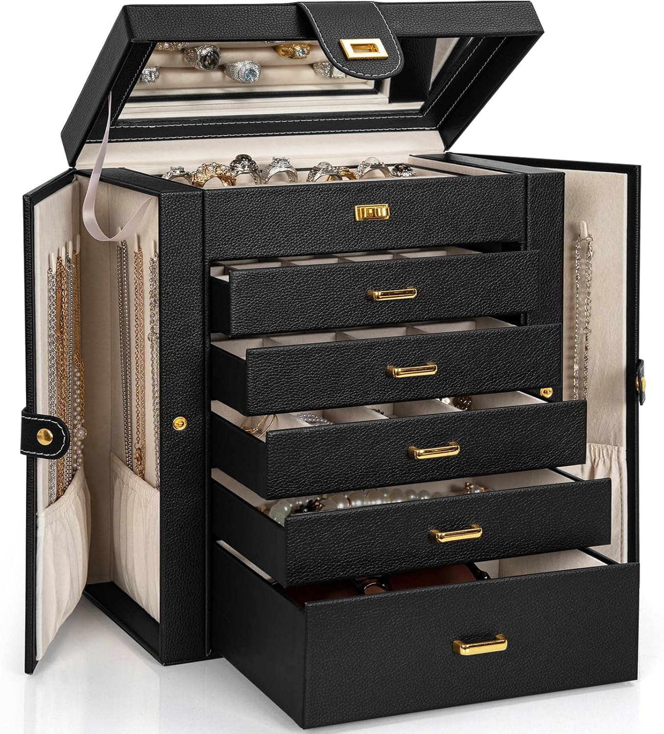 Huge Jewelry Box Organizer Functional Lockable, Large Leather Jewelry ...