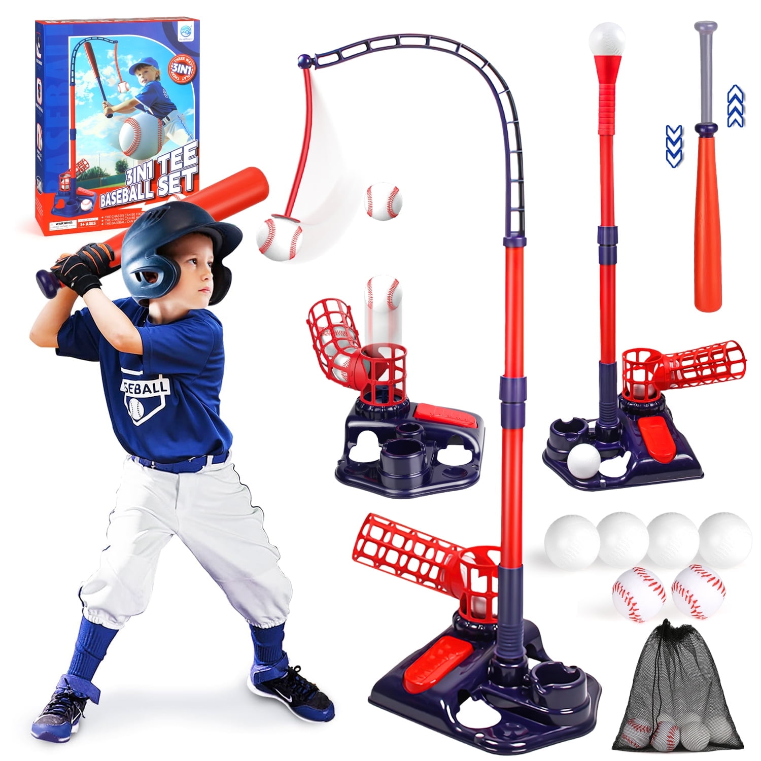 Huge Wave 3-in-1 Baseball Set for Kids 3-8, Adjustable T-Ball Stand ...