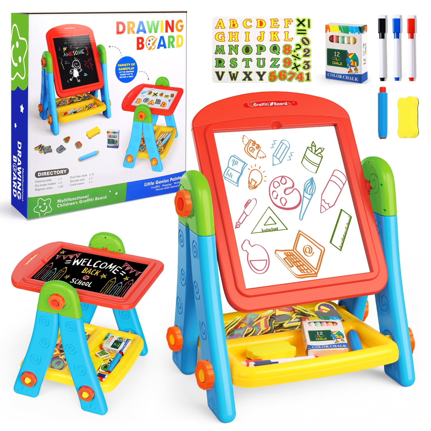 Huge Wave Double-Sided Art Easel for Kids 2-5, Magnetic Chalkboard ...