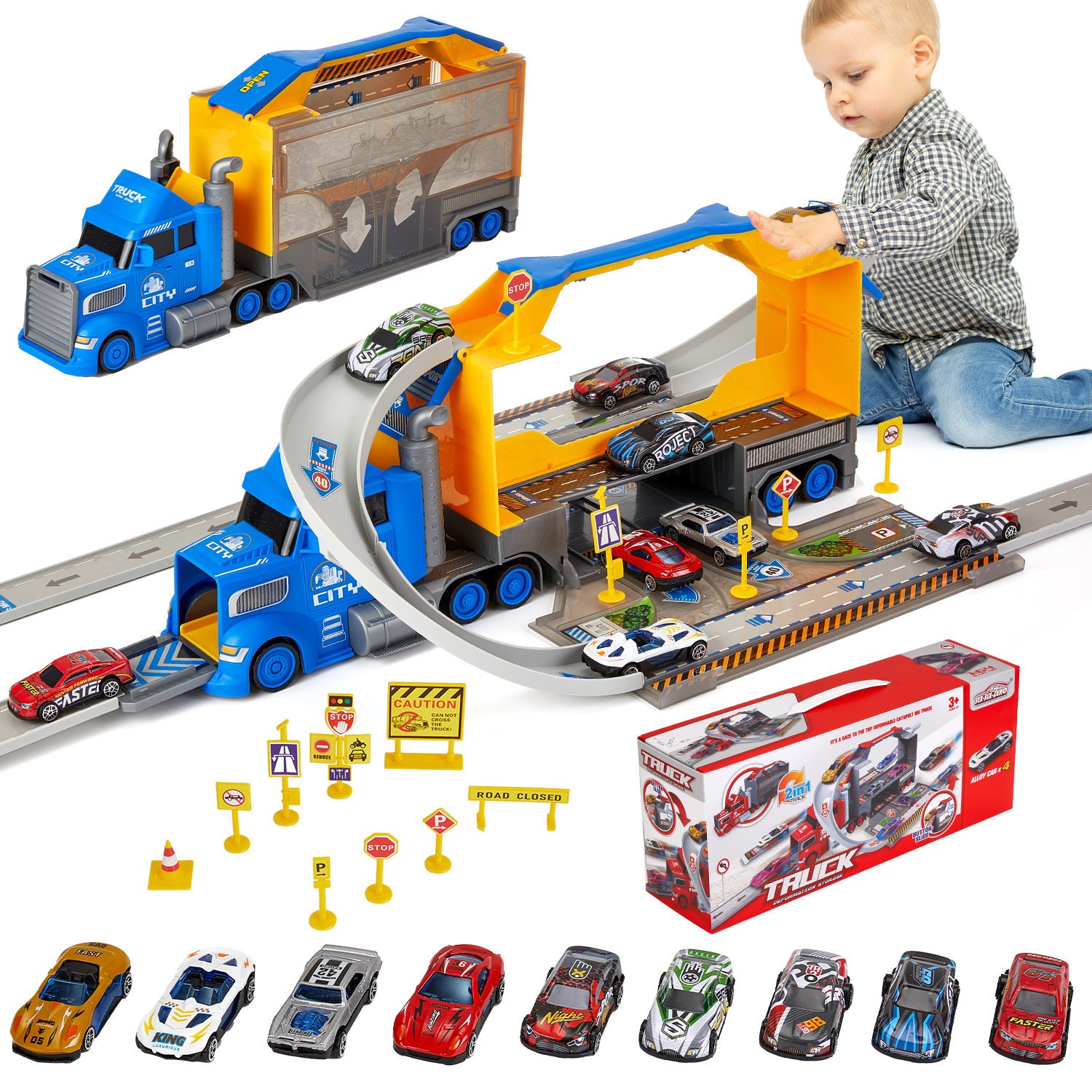 Petbank 2 in1 Carrier Truck Race Track Toys, Transport Trucks Circular ...