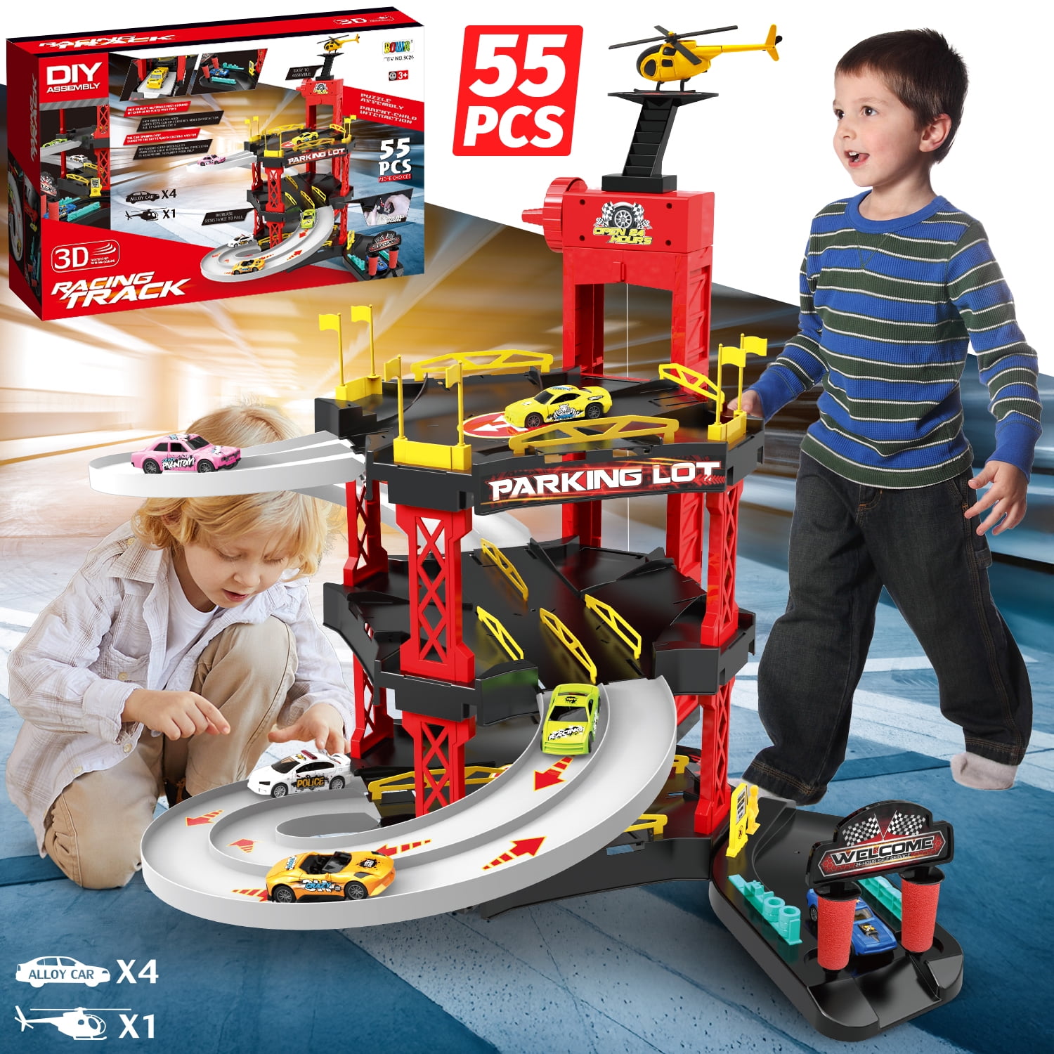 Huge Wave Garage Playset Race Car Track Set, Toy Vehicle Parking Lot ...