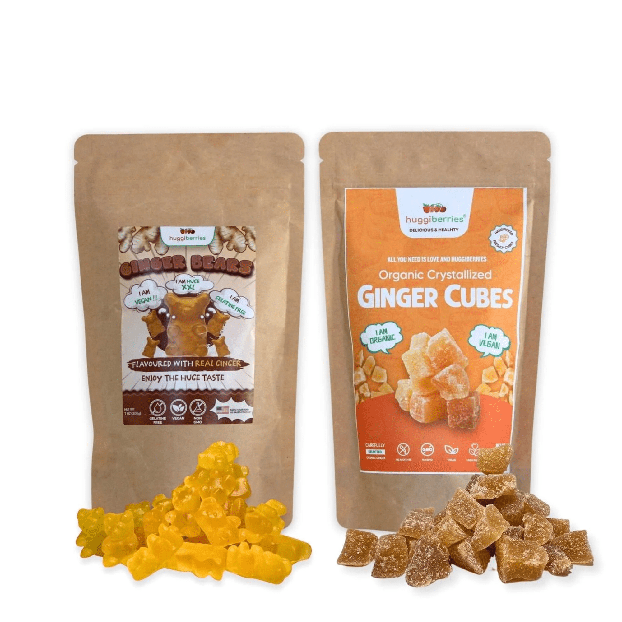 Huggiberries Ginger Gummy Bears and Organic Ginger Cubes Crystallized ...