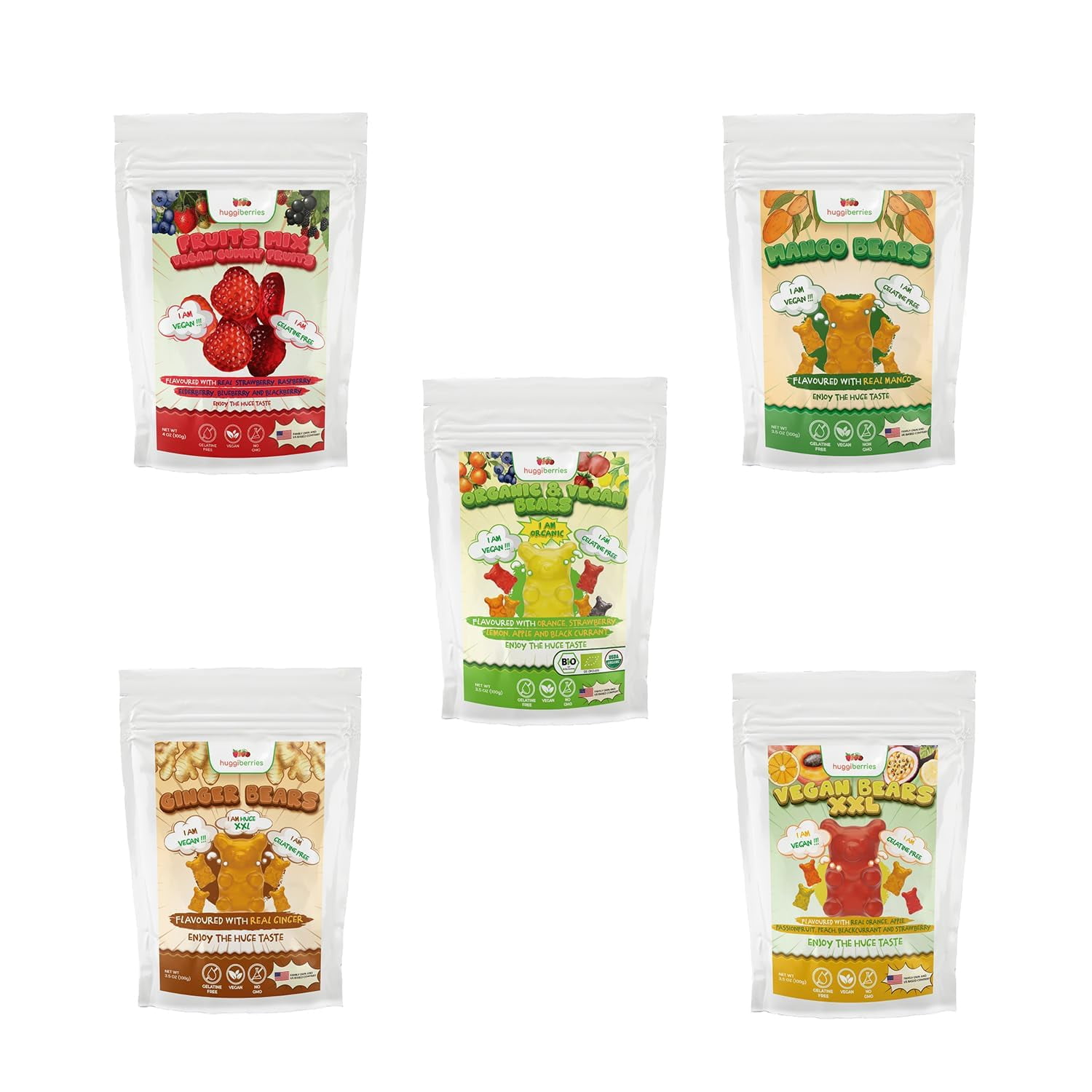 Huggiberries Vegan Gummy Bears KEF16 3.5oz (5 Pack) - Organic Vegan ...