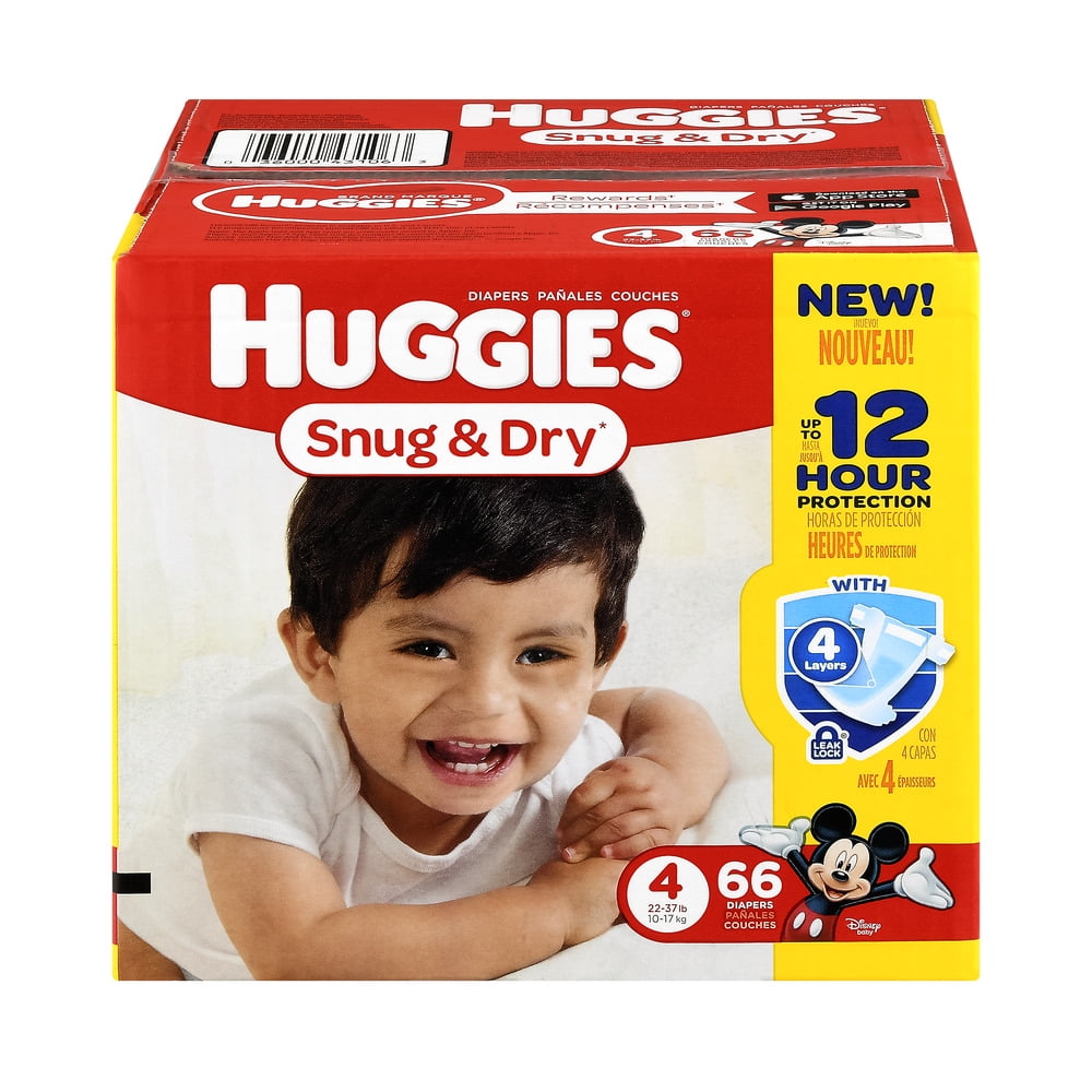 HUGGIES Snug & Dry Diapers, Size 4, 66 Count, Leak Lock, Mickey Design ...