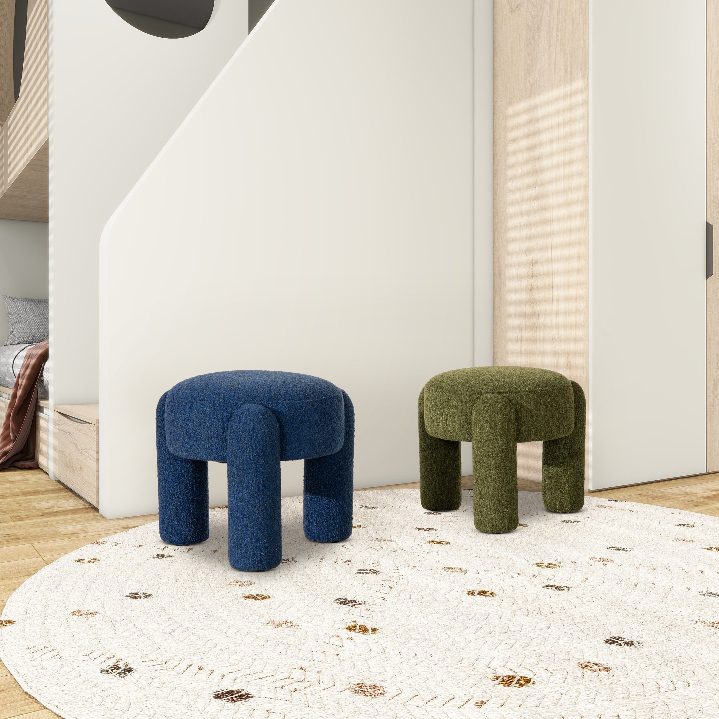 Hugo 20.5" Round Fully Upholstered Ottoman,Cerulean Blue Boucle,Blue ...