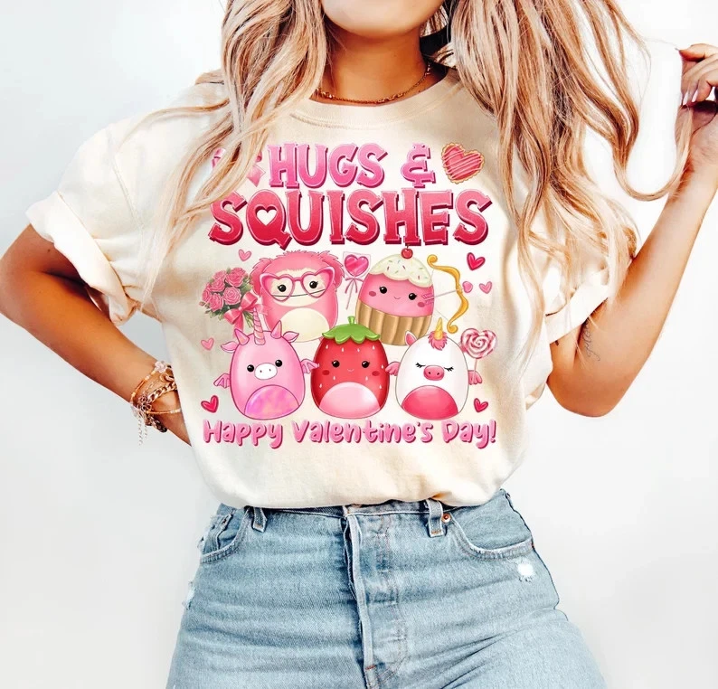 Hugs And Squishes Happy Valentine'S Day T-Shirt – Kawaii Plushie Love ...