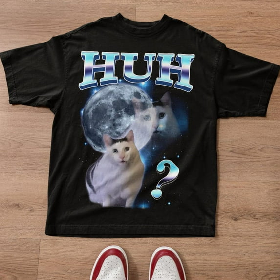 Huh Reaction Cat Moon Background Surprised Expression Cosmic Art Tee ...
