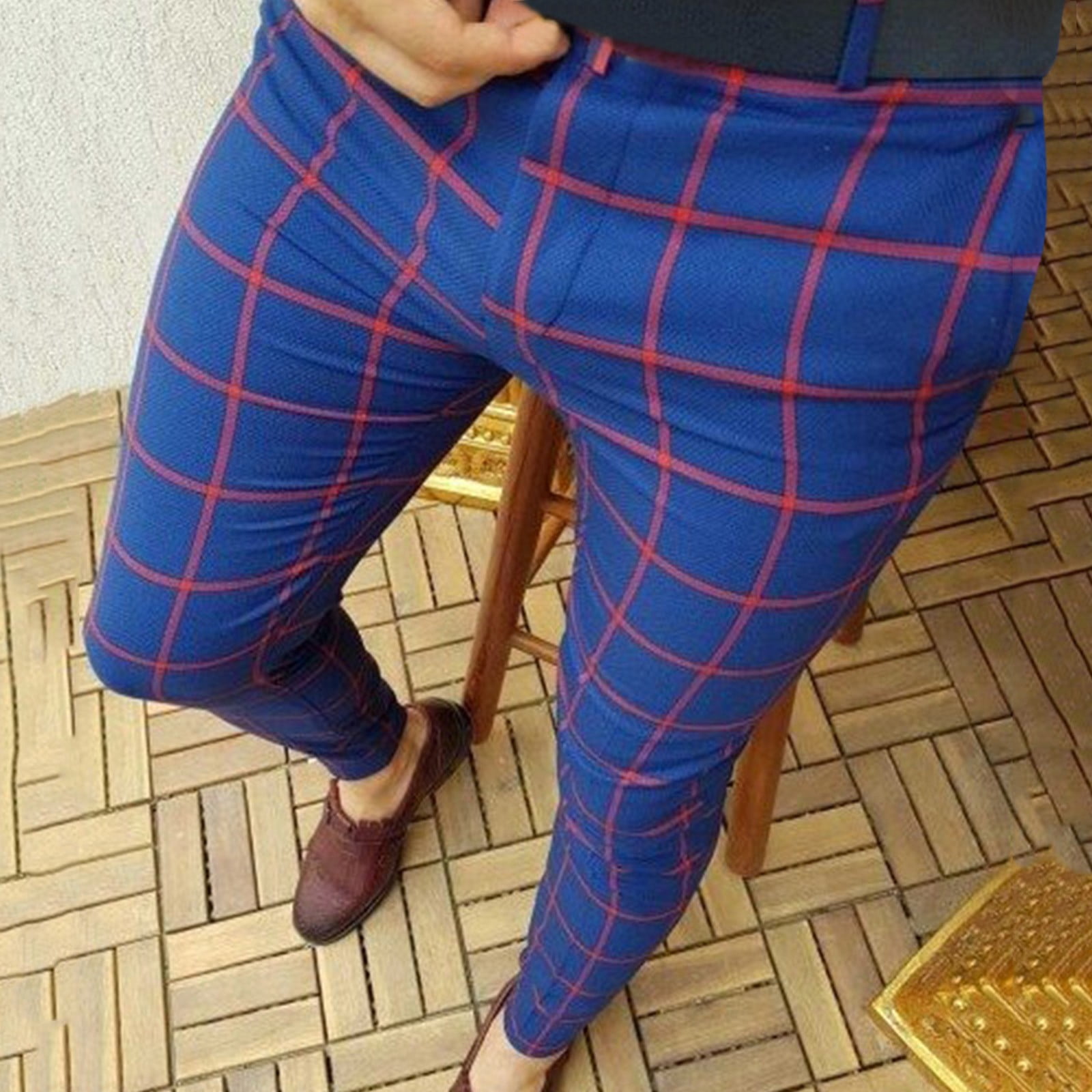 Huhua Mens Dress Pants Mens Casual Plaid Print Party Suit Pants Stretch Feet Pants With Pockets