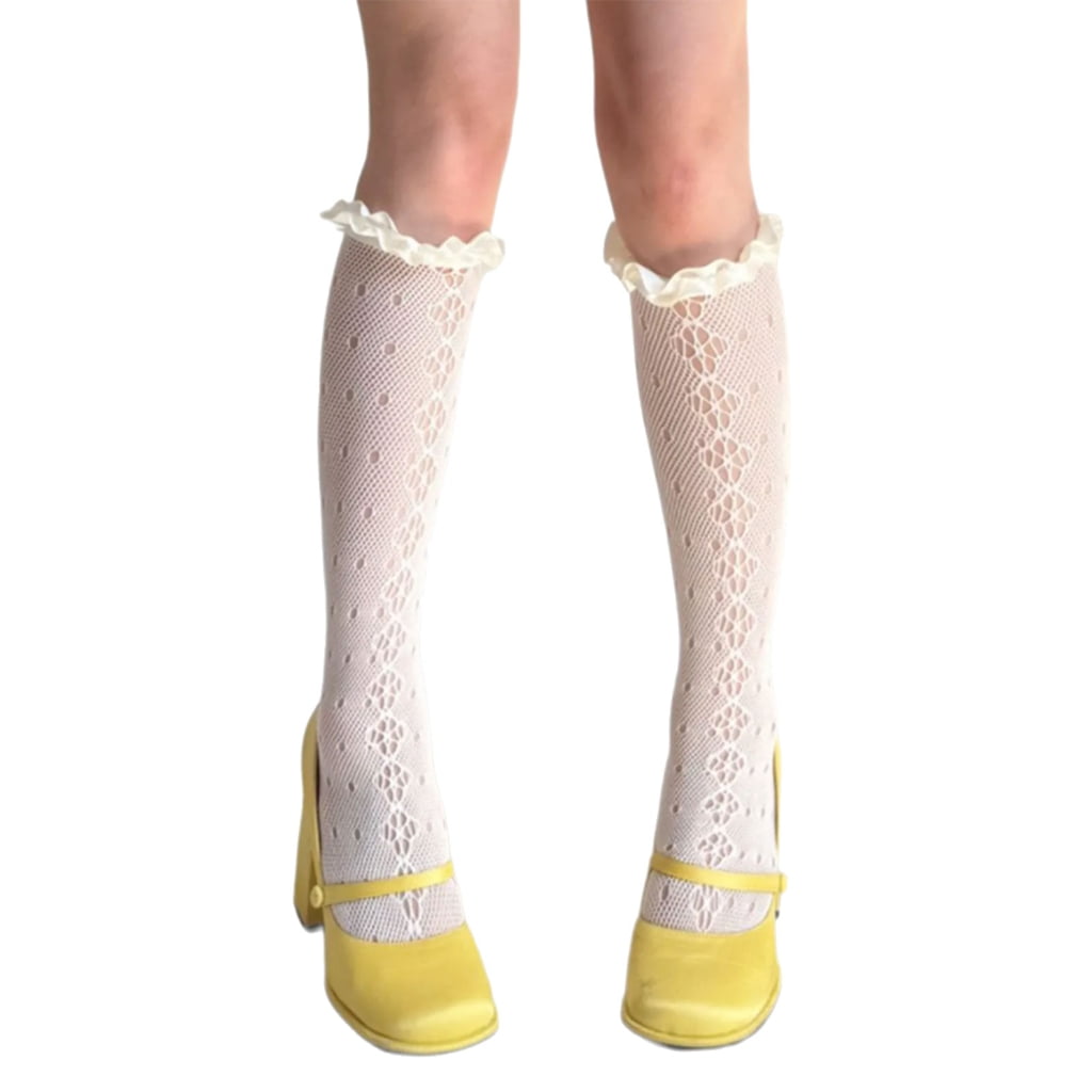 Huhudde Fishnets Knee Highs Stockings Ruffle Trim Frilly Over the Calf ...