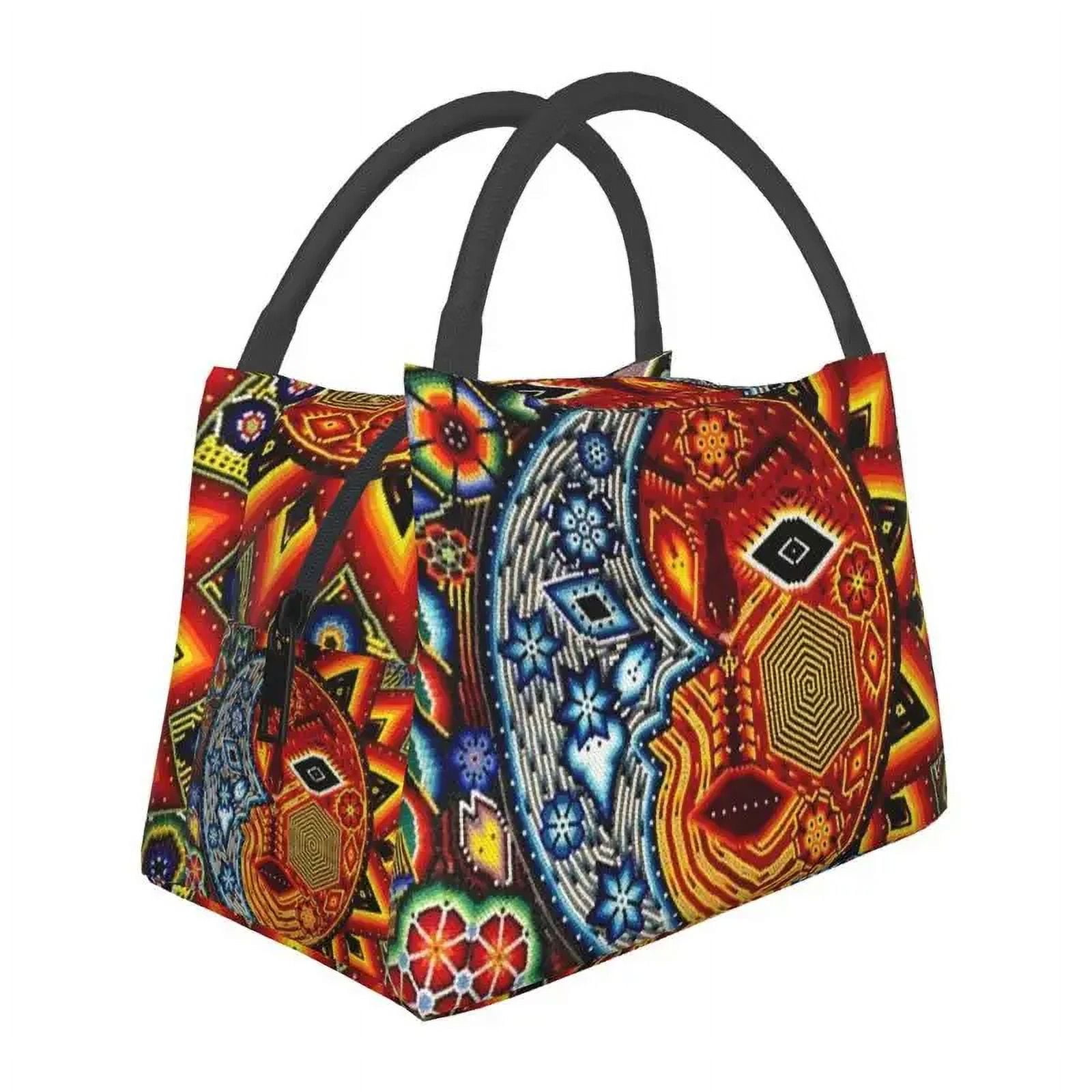 Huichol Plaid Mexico Art Insulated Lunch Bag for Women Portable Cooler ...
