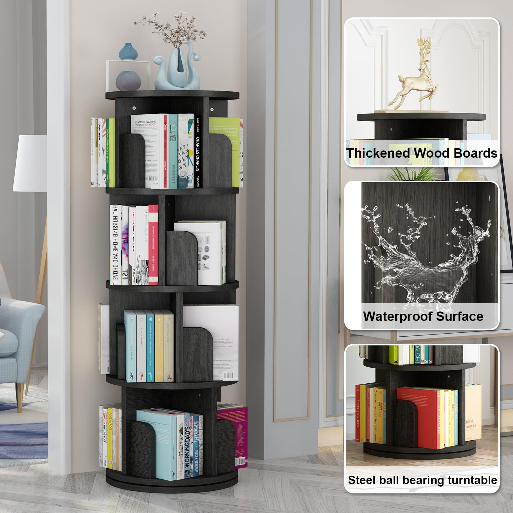Huisuilinss 4 Tier Rotating Bookshelf Tower,Spinning Bookcase ...