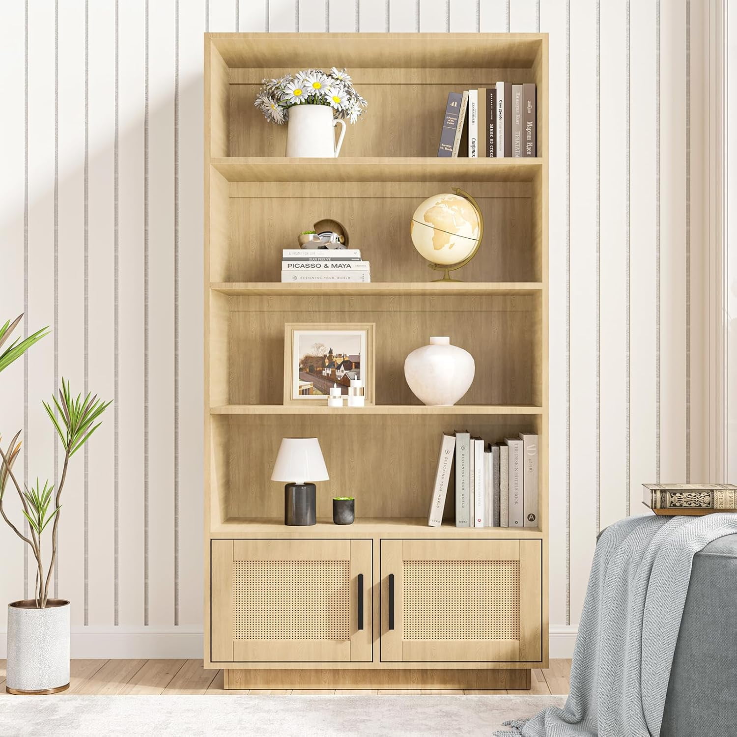 Huisuilinss 5 Tier Bookcase, Rattan Bookcase with Doors Cabinet, Wooden ...