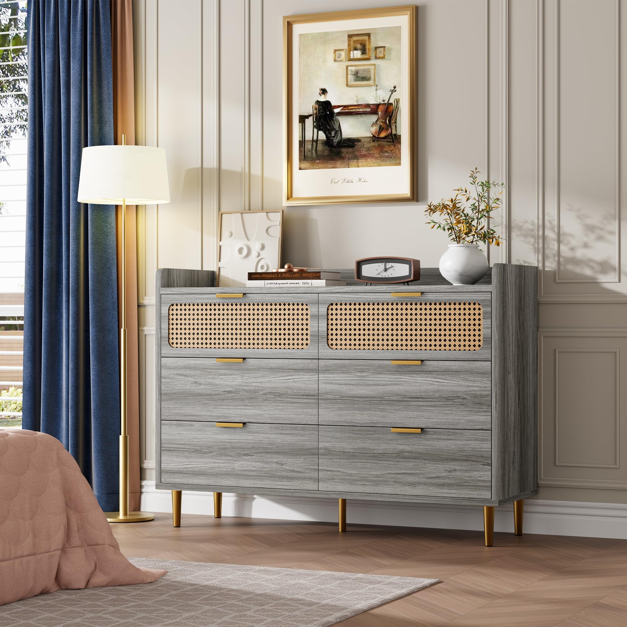 Huisuilinss 6 Drawer Dresser Rattan Dresser,Modern Double Dresser ...