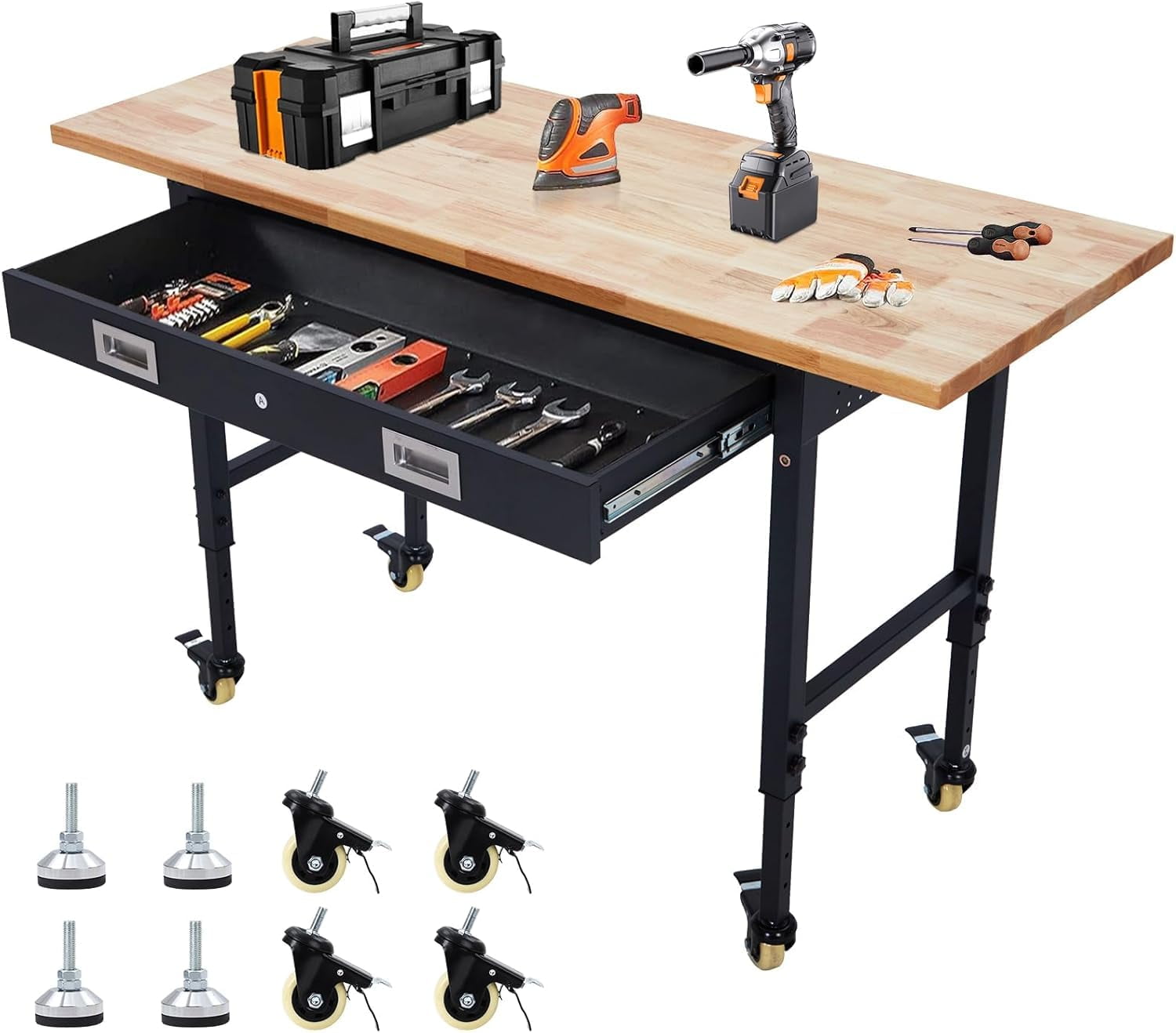 Huisuilinss Adjustable Workbench,Rubber Wood Top Work Table,Mobile Work ...