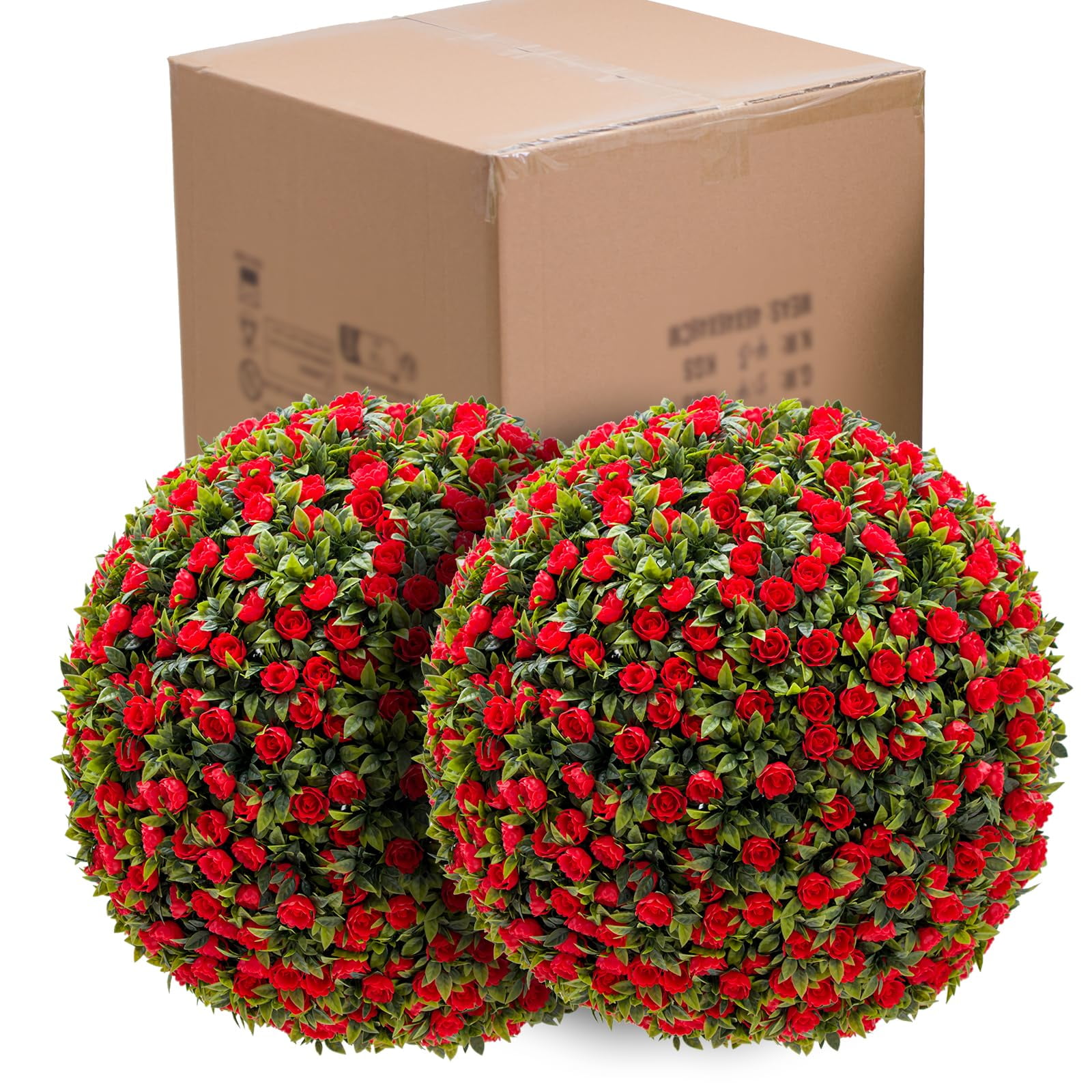Huisuilinss Artificial Topiary Ball,Red Rose Artificial Topiary Flower Balls 2 PCS Faux Boxwood ...