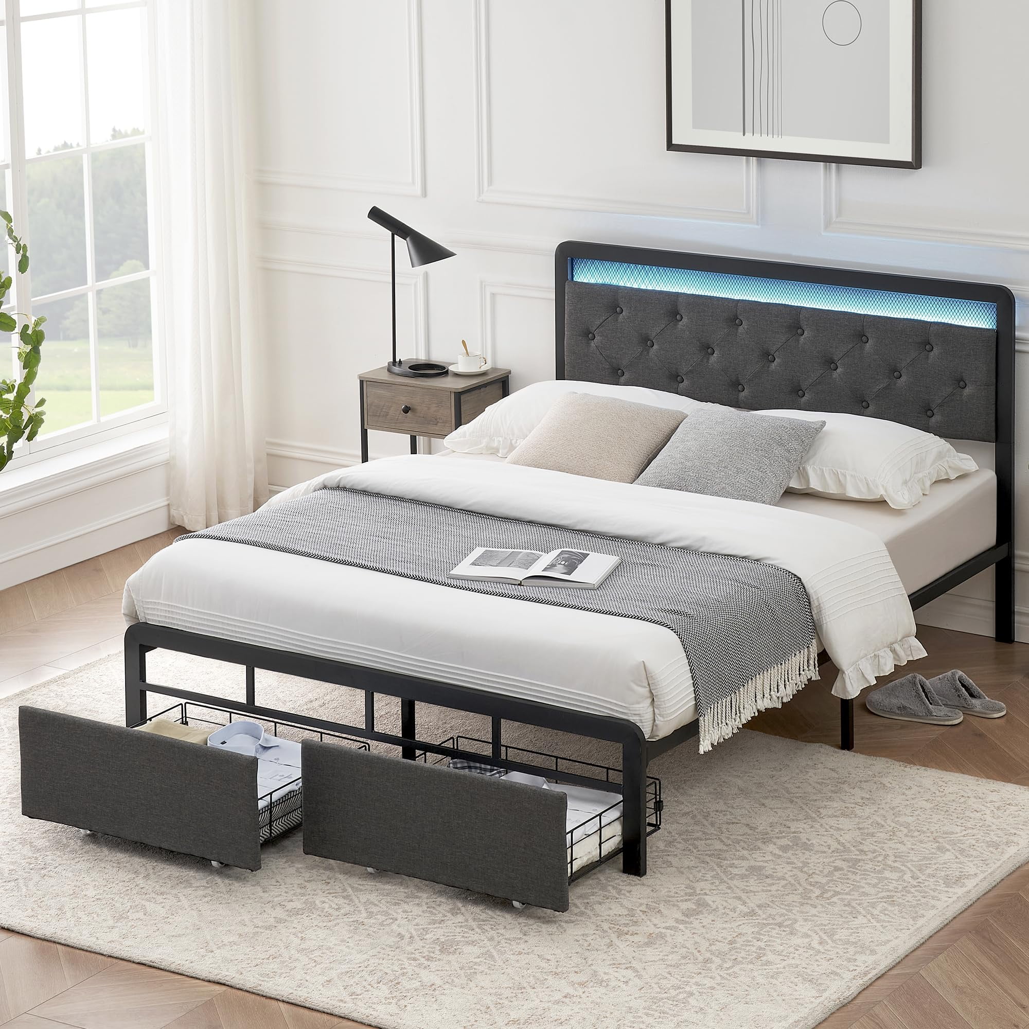 Huisuilinss Bed Frame with 2 Storage Drawers and Headboard, Platform ...