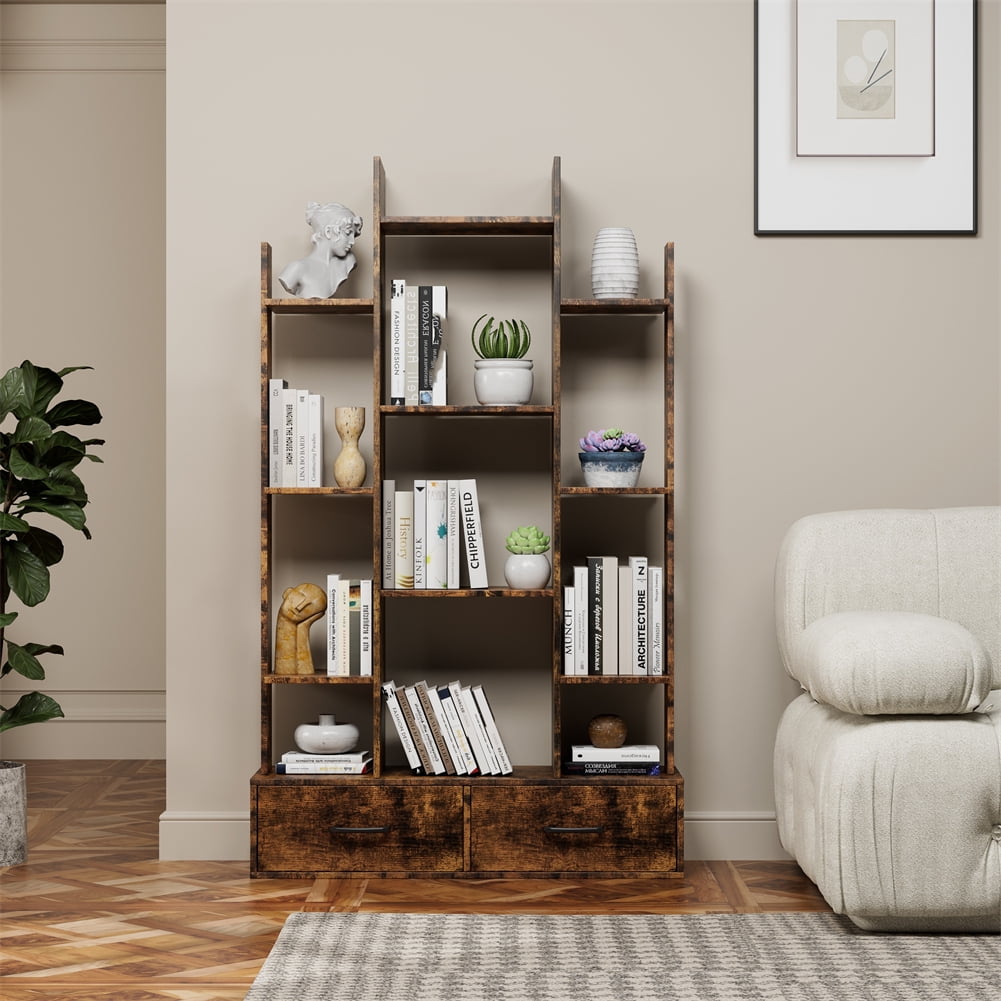 Huisuilinss Bookshelf with 2 Drawers, Vintage Open Bookcase, Free ...