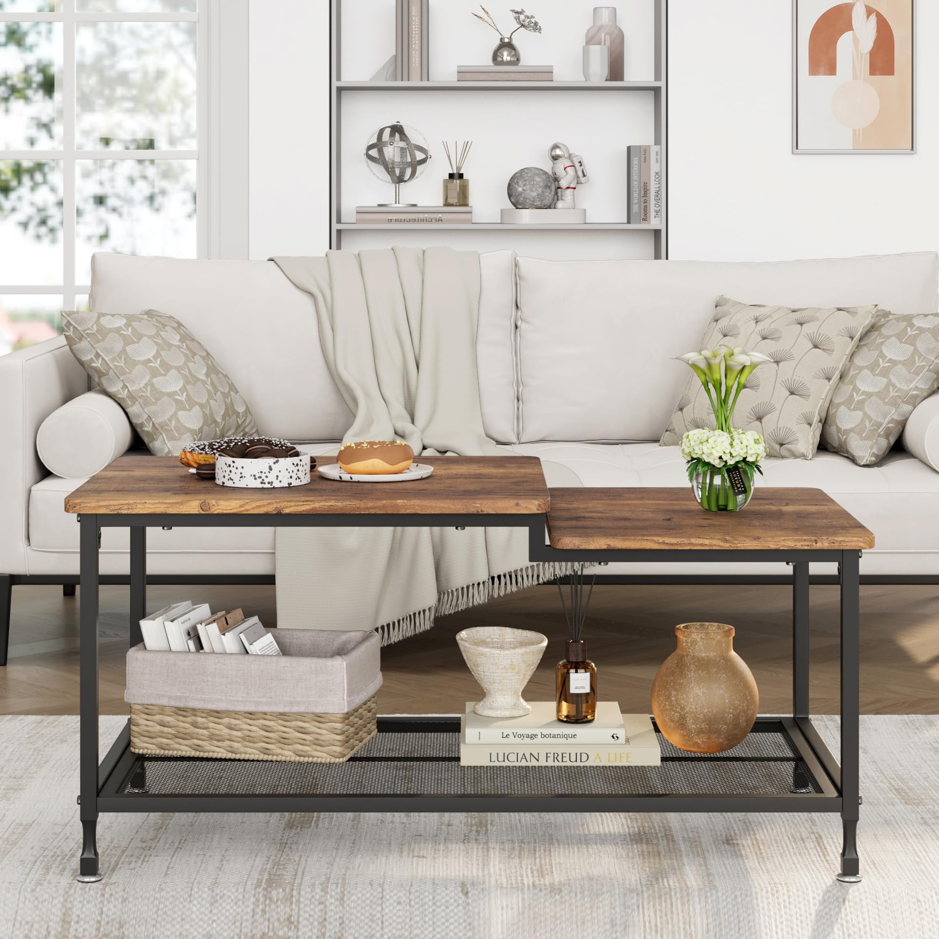 Huisuilinss Coffee Table,Retro 2-Tier Rustic Center Table with Mesh ...