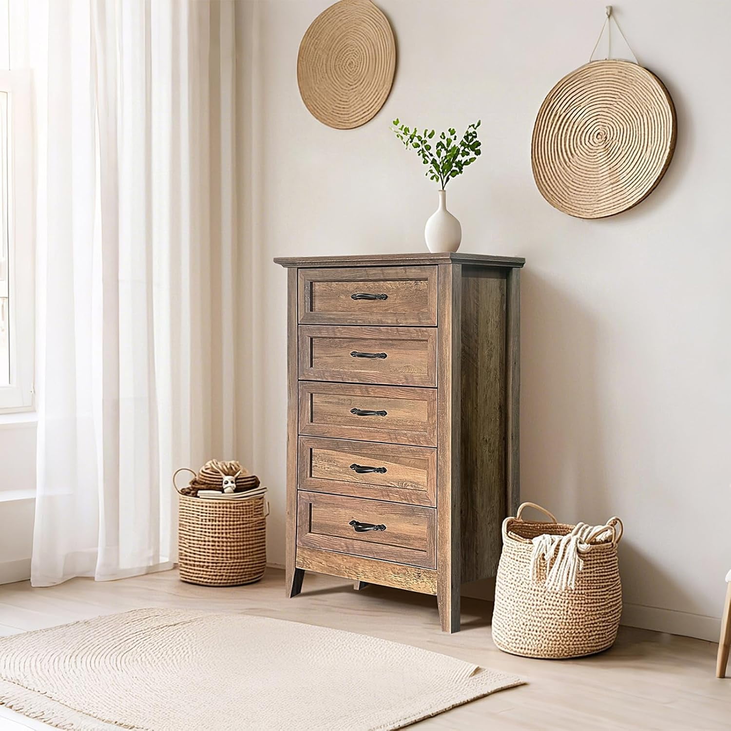 Huisuilinss Farmhouse 5 Drawer Dresser for Bedroom, Wood Vintage ...