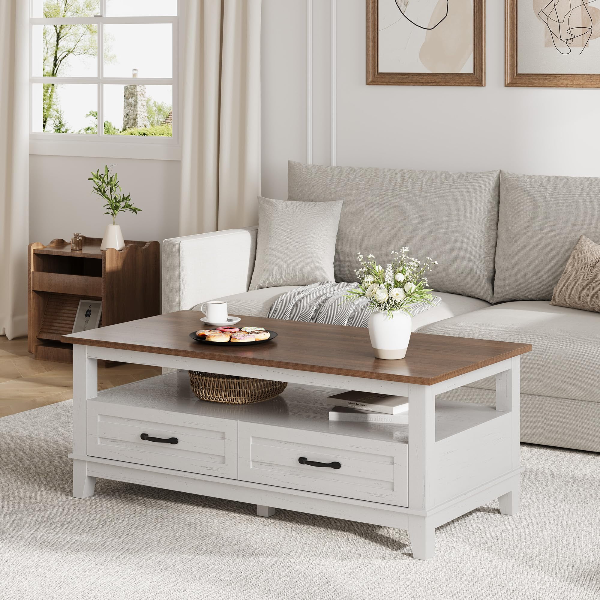 Huisuilinss Farmhouse Coffee Table,47" Rectangle Center Table,Wood ...