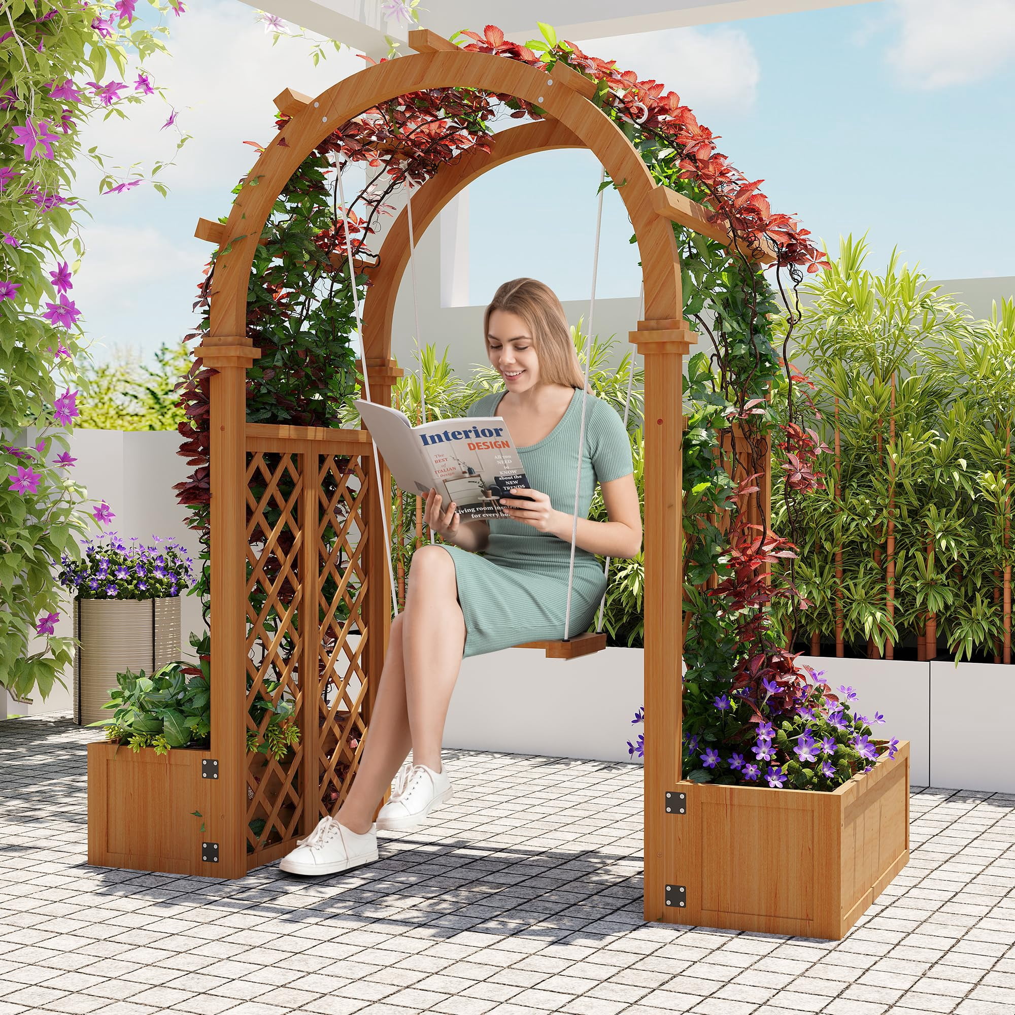 Huisuilinss Garden Arbor With Planter Boxes And Swing,Wood Garden Arch ...