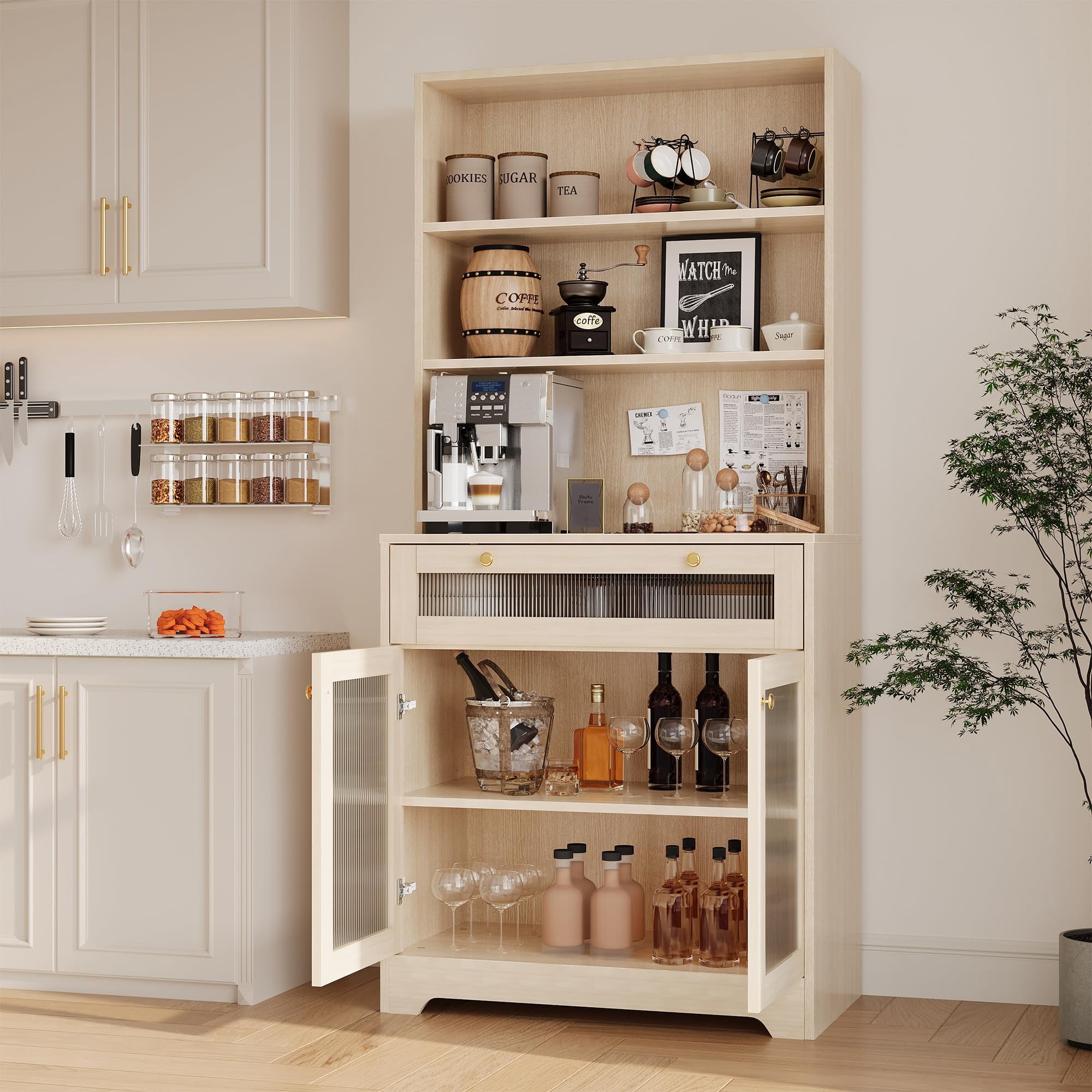 Huisuilinss Kitchen Pantry Cabinet With Glass Doors,Pantry Storage ...