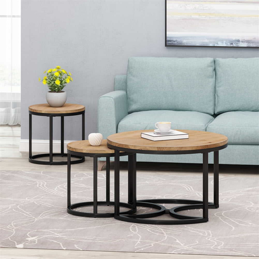 Huisuilinss Nesting Coffee Table Set of 3, Round End Tables With Metal ...