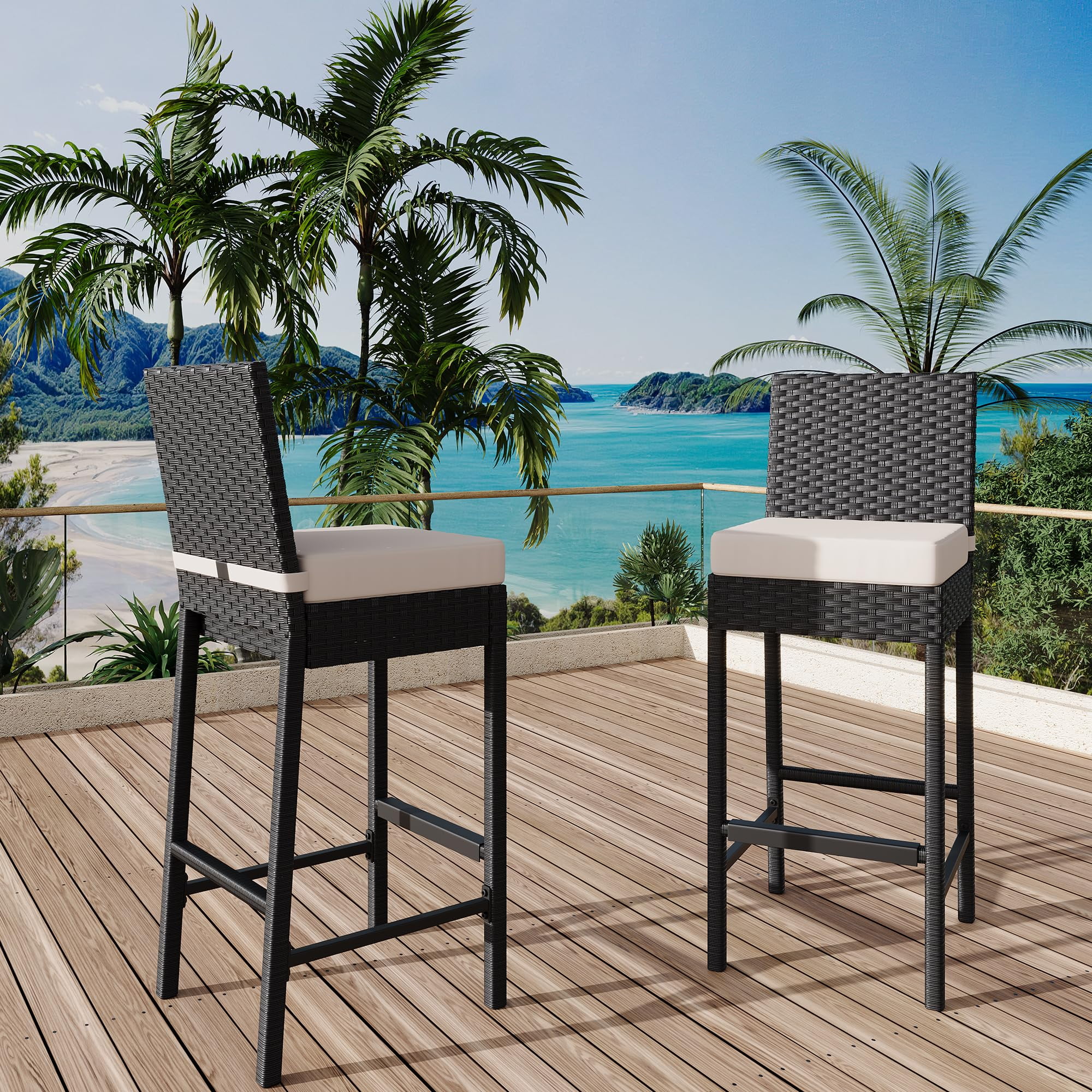 Huisuilinss Outdoor Bar Stools Set Of 2,Rattan Patio Bar Stools,Wicker ...