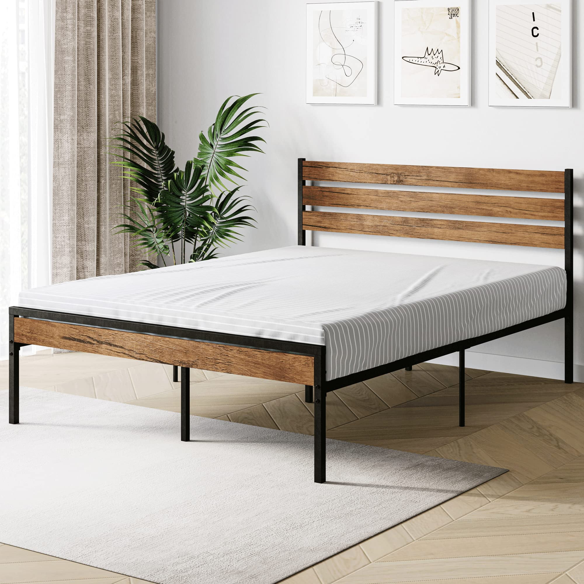 Huisuilinss Queen Bed Frame with Headboard, No Box Spring Needed Wood ...
