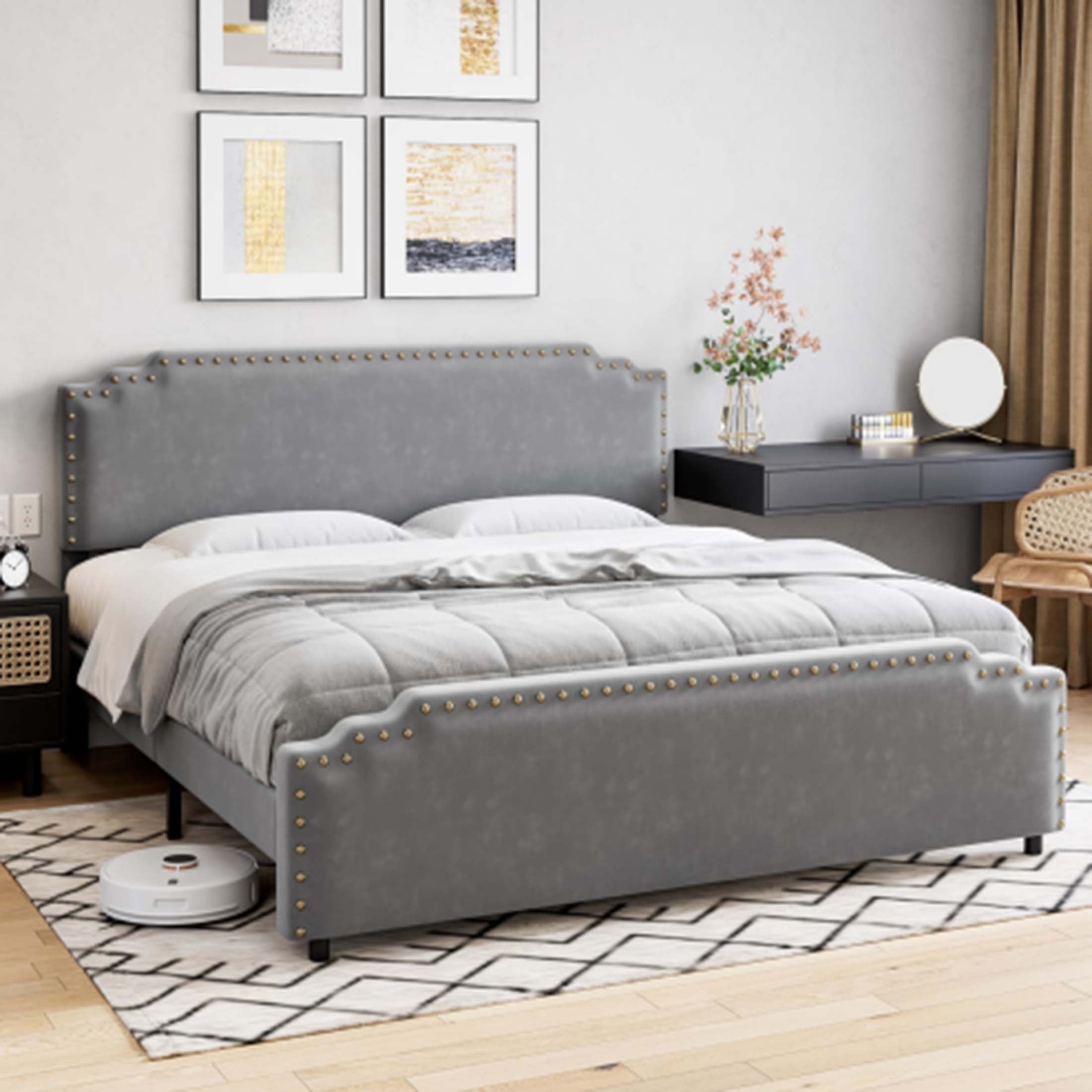 Huisuilinss Queen Size Bed Frame,Velvet Upholstered Platform Bed Frame ...