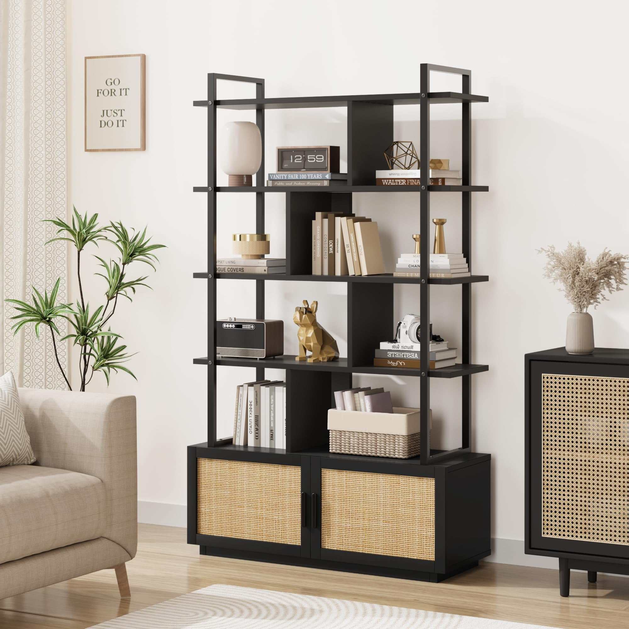 Huisuilinss Rattan Bookshelf With Cabinet,5 Tier Tall Bookcase With ...