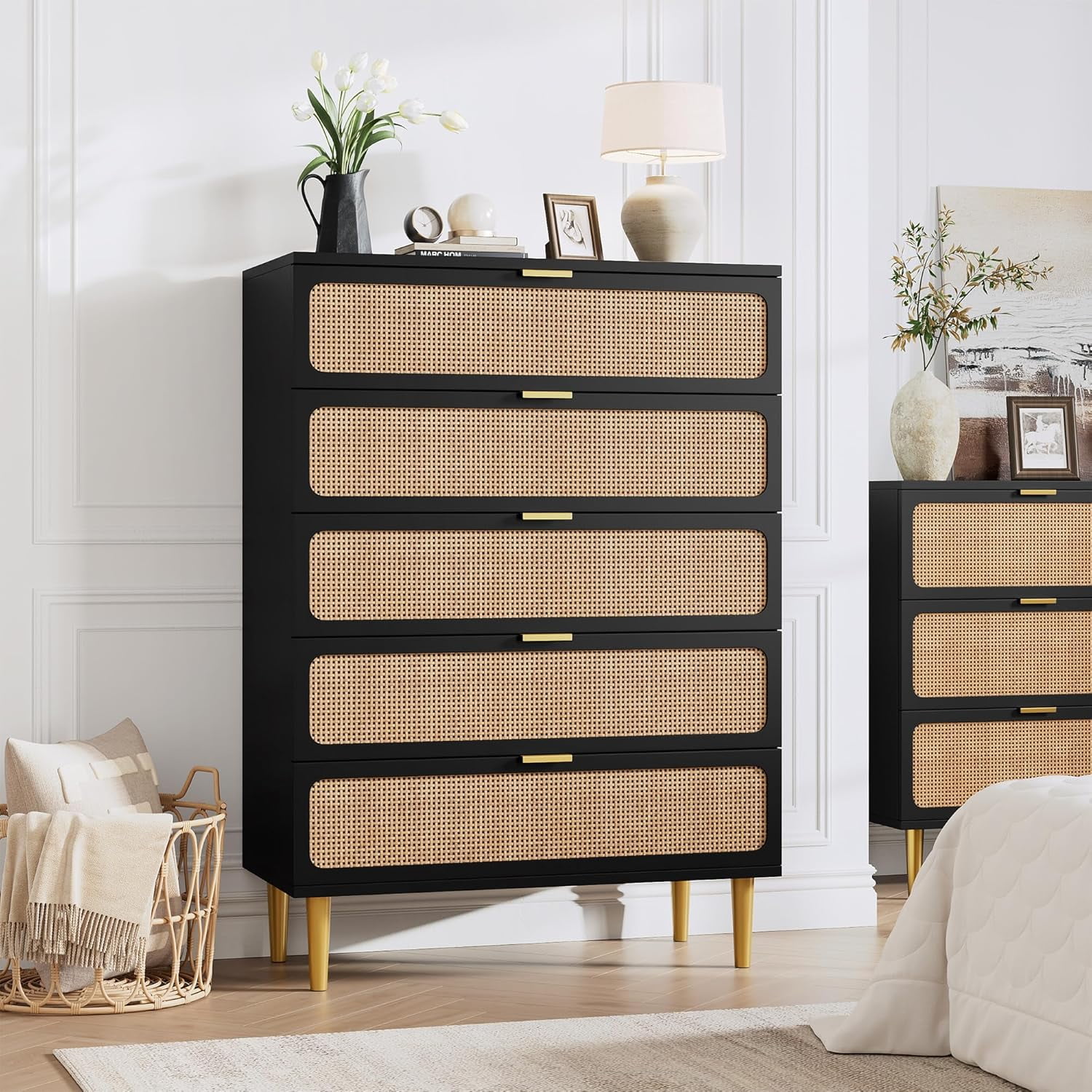 Huisuilinss Rattan Dresser,5 Drawer Dresser For Bedroom,Large Chest Of ...