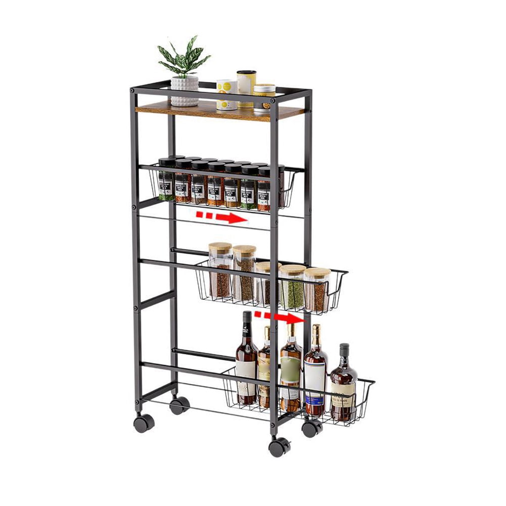 Huisuilinss Slim Rolling Cart,4 Tier Metal Storage Cart,Narrow Shelving ...