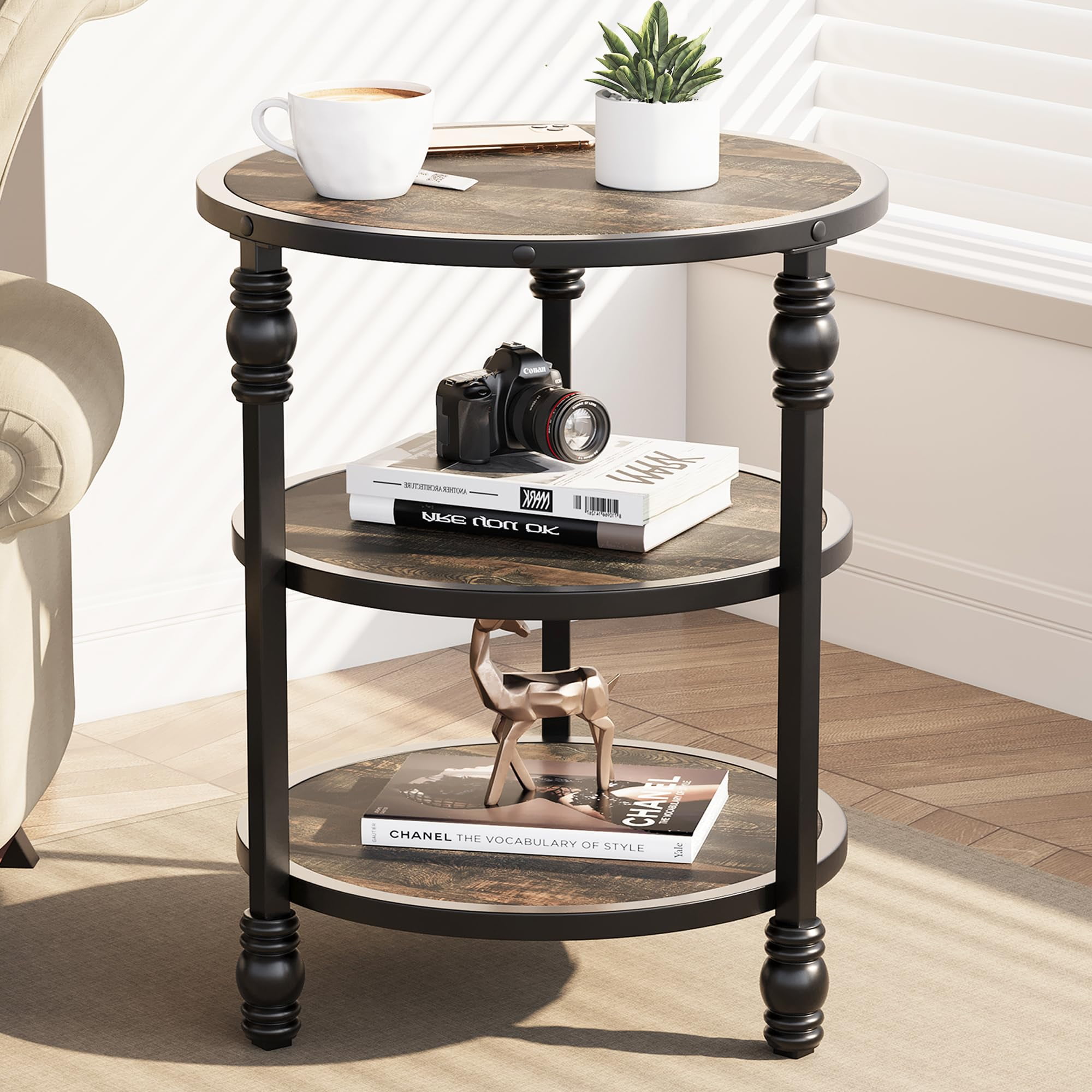 Huisuilinss Small Round Side Table,Round End Table with 3 Shelves,Night ...