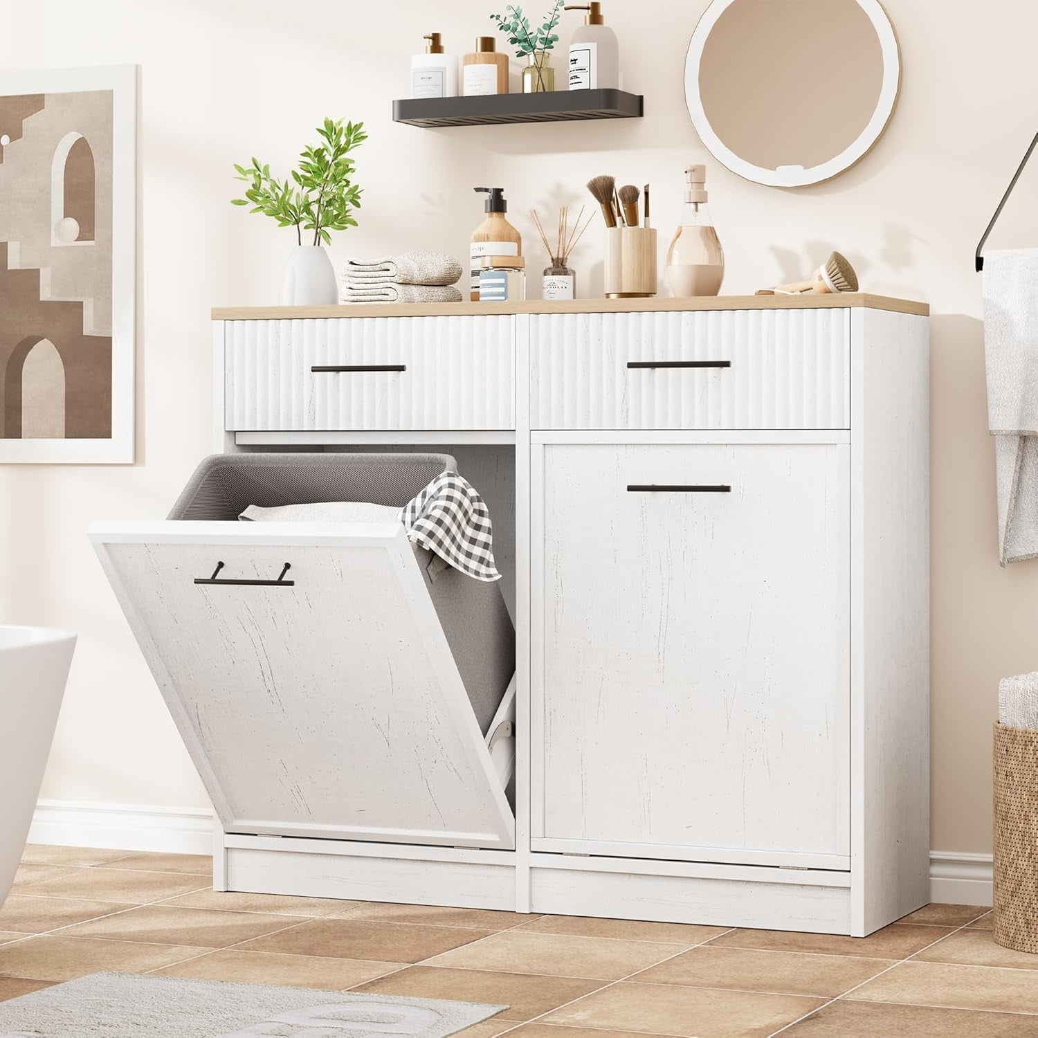 Huisuilinss Tilt Out Trash Cabinet,Fluted Laundry Hamper Cabinet With ...