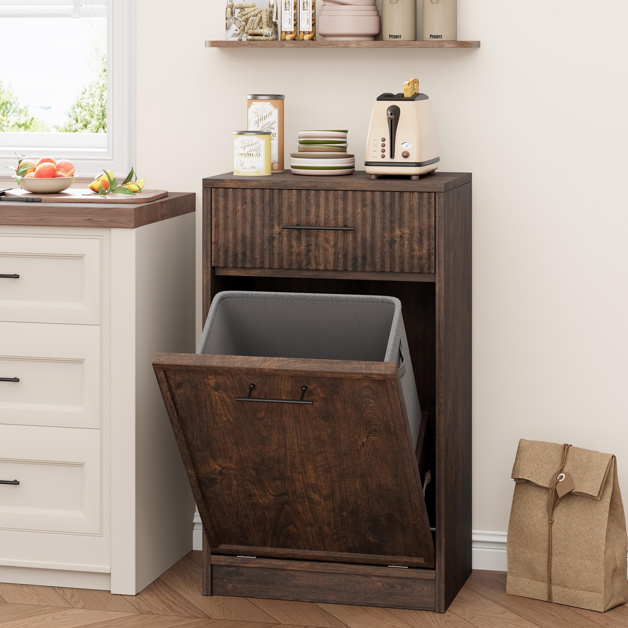 Huisuilinss Tilt Out Trash Cabinet,Fluted Laundry Hamper Cabinet With ...
