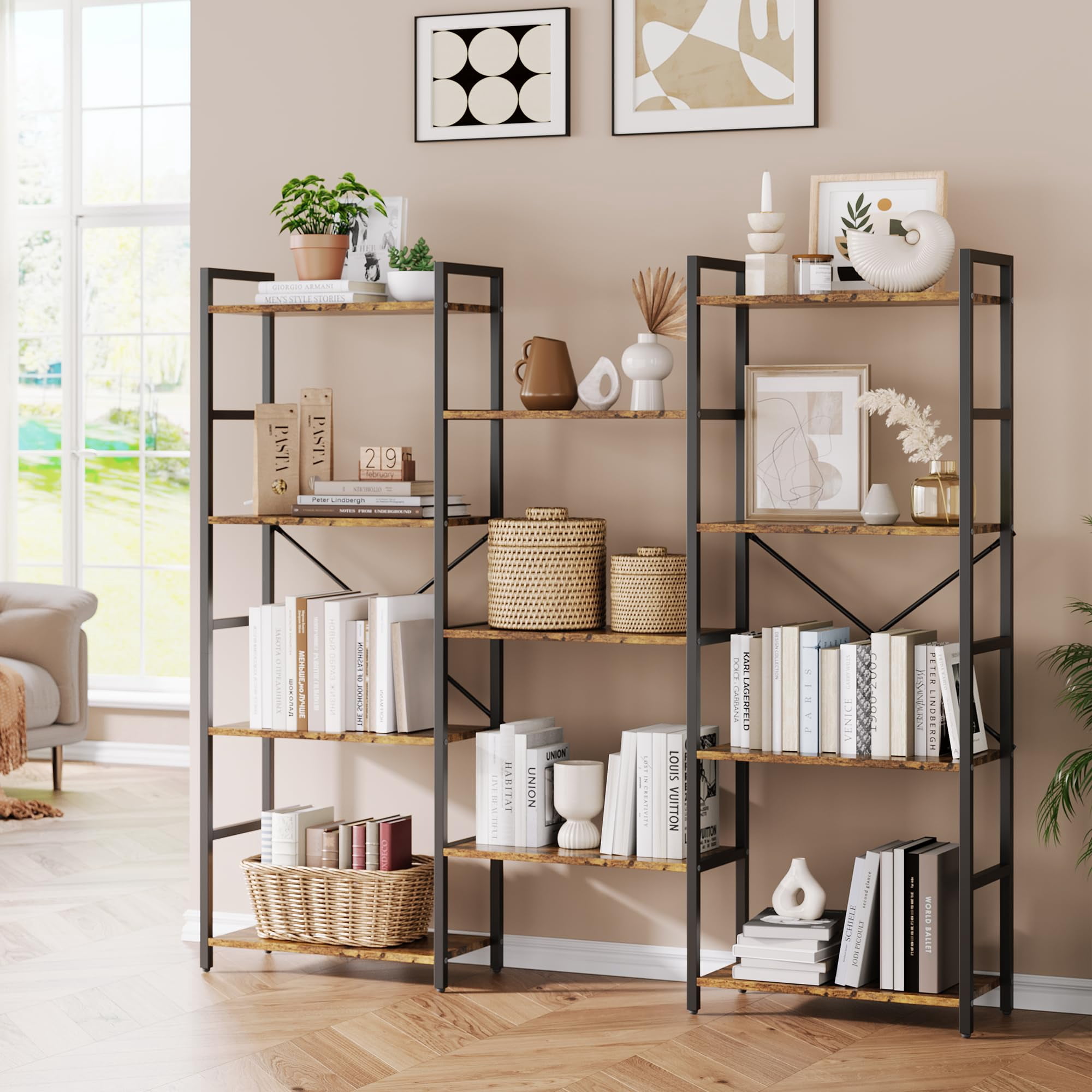 Huisuilinss Triple 4 Tier Bookshelf,Adjustable Industrial Bookcase,Open ...