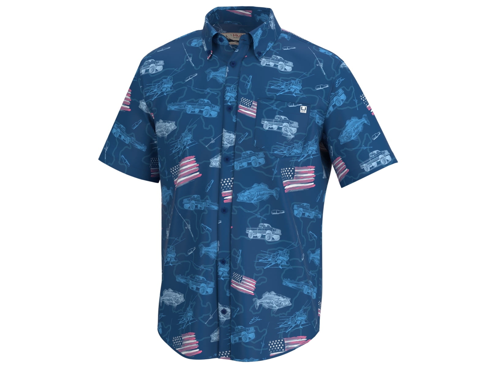 Huk Men's Kona Button Down Shirt - Short Sleeve - Fish and Flags Set ...