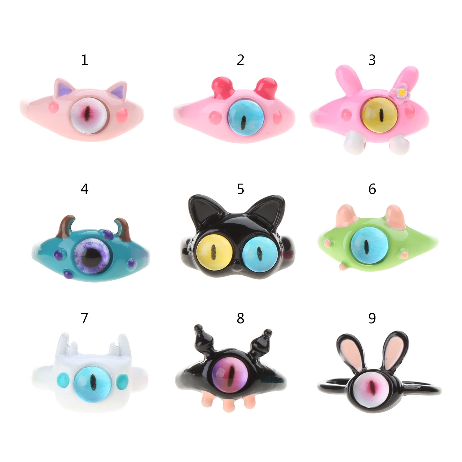 Hukai 9pcs Cartoon Little Monsters Eyeball Rings Funny Resin Open ...