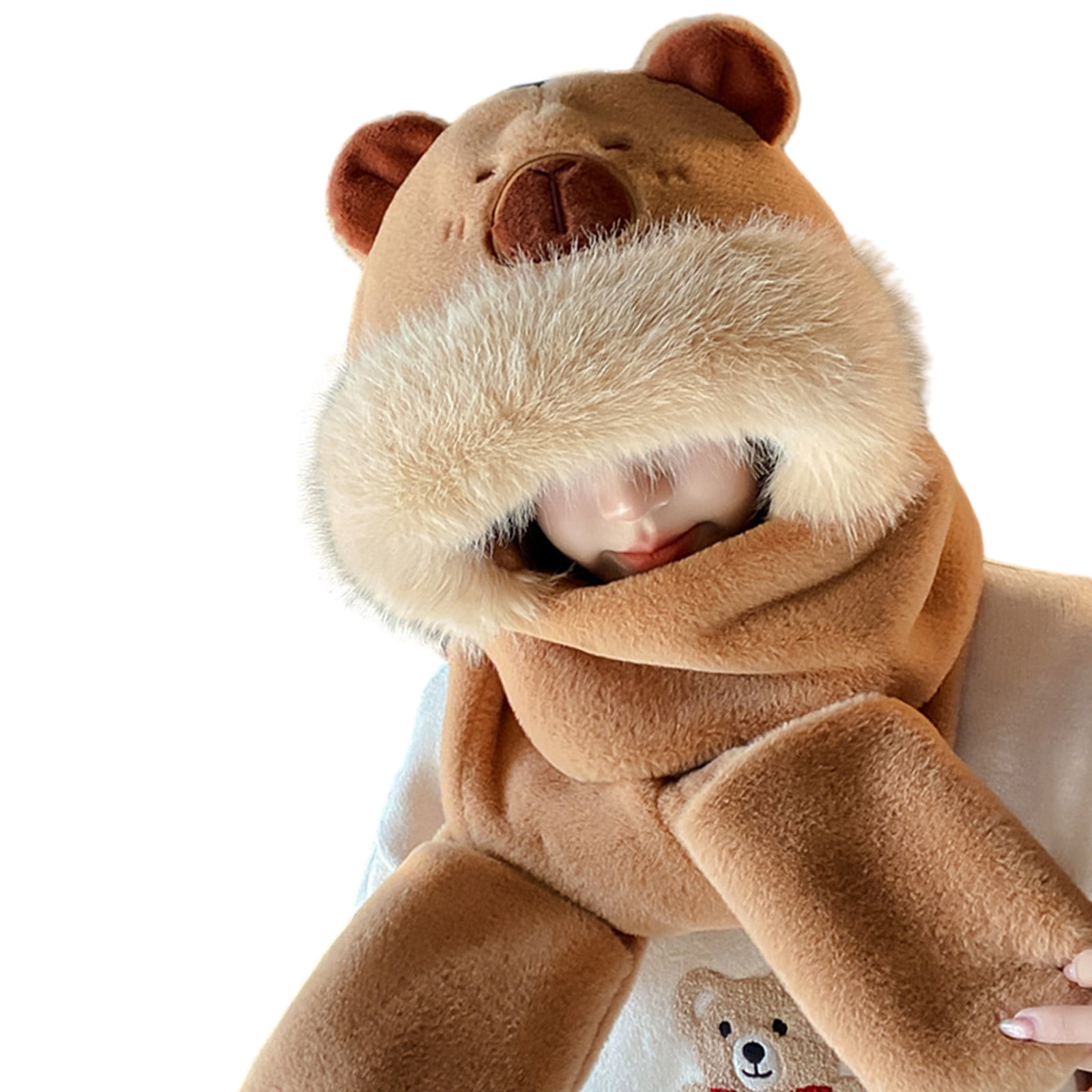 Hukai Furry Cartoon Capybaras Hat with Scarf Gloves Set Thicken Furry ...