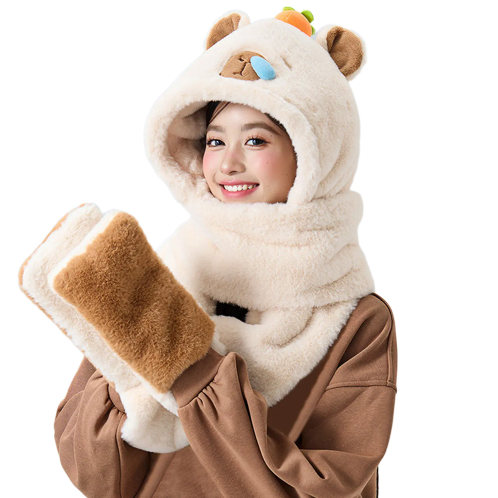 Hukai Furry Cartoon Capybaras Hat with Scarf Gloves Set Thicken Furry ...