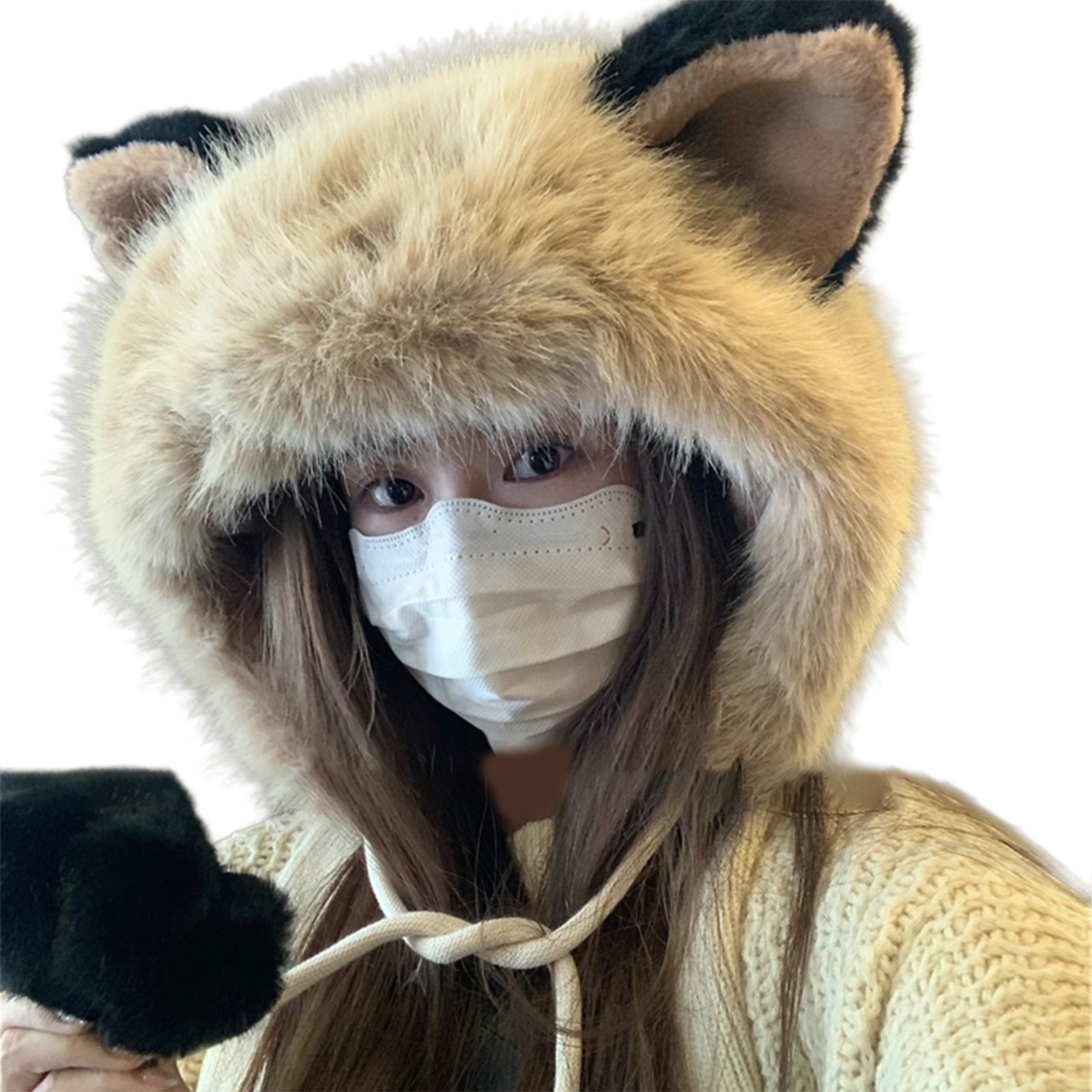 Hukai Plush Cats Ear Hat Soft Furry Headwear Women Winter Hat Girls ...