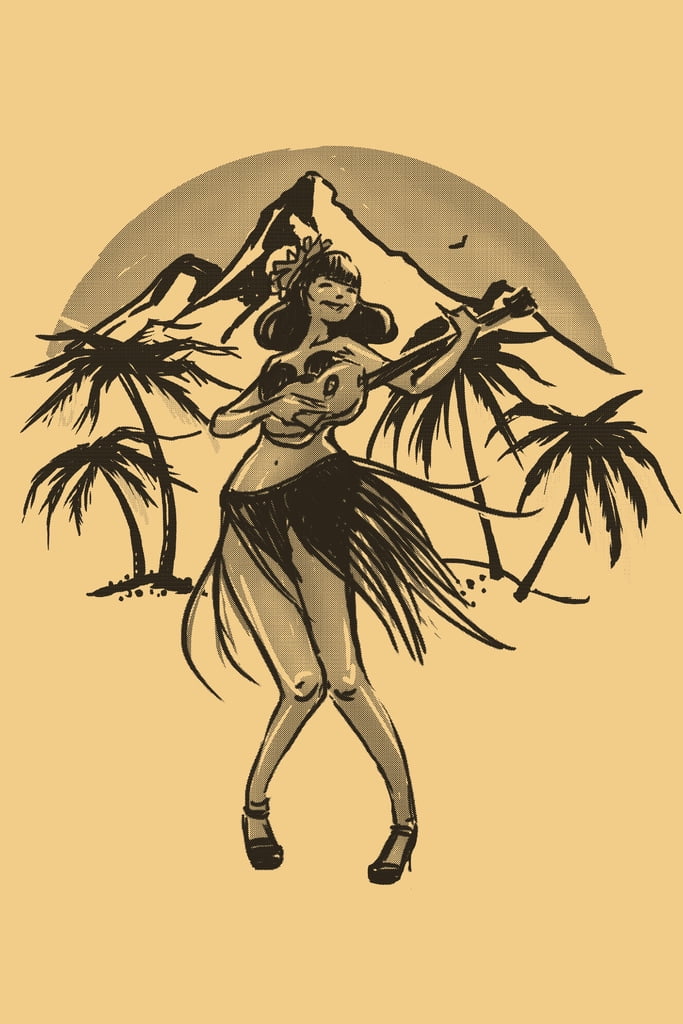 Hula Girl Dancer Dancing In Hawaii Volcano Palm Trees Retro Vintage ...