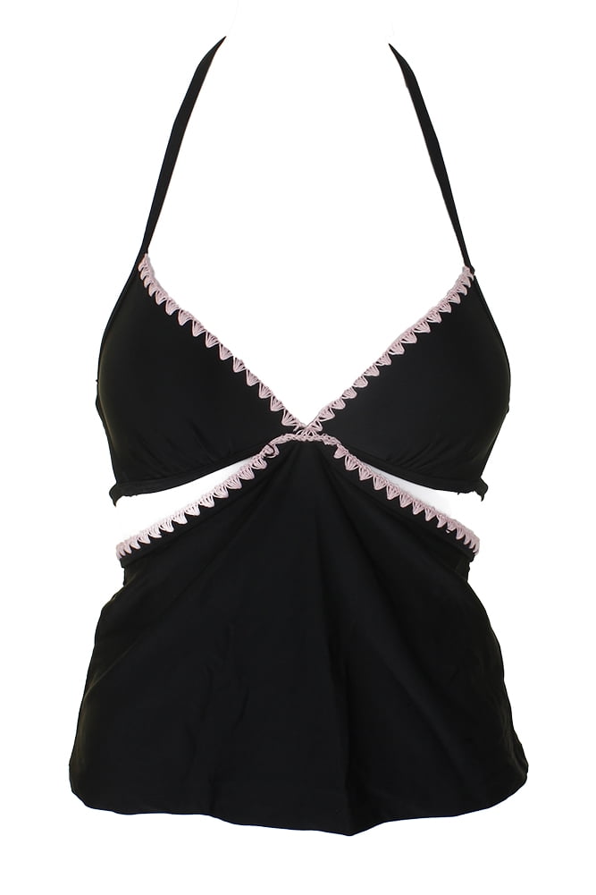 Hula Honey Juniors Black Pink Shell-Stitch Cutout Halter Tankini Top M ...