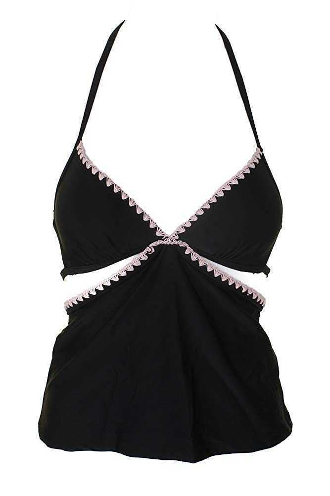 Hula Honey Black/Pink Shell-Stitch Cutout Halter Tankini Swim Top XS ...