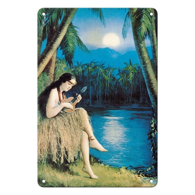 Hula Moon - Hawaiian Girl Plays ʻUkulele under a Full Moon - Vintage ...