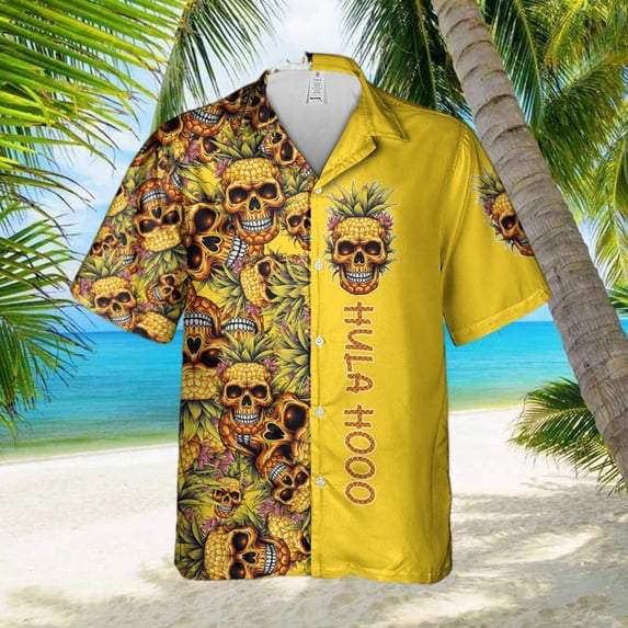 Hula Skull Pineapple Tropical Yellow Hawaiian Aloha Hawaiian Shirt ...