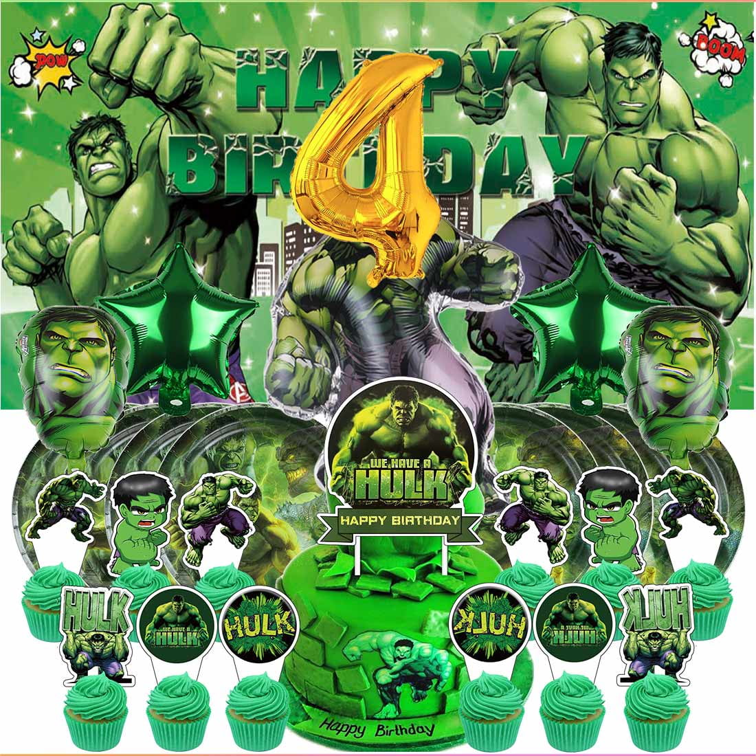 Hulk 4th Tableware Balloons Cake Toppers Backdrop Banner Supplies Party ...
