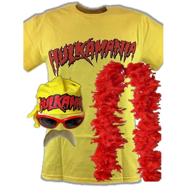Hulk Hogan Hulkamania Yellow T-shirt Bandana Beard Boa Glasses Costume ...